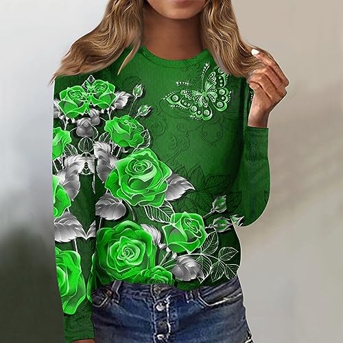 Long Sleeve T Shirts for Women Round Neck Lightweight Sweatshirt Loose Casual Tops Colorblock Comfy Pullover Long Sleeve Shirts for Girls(4-Green,4X-Large)