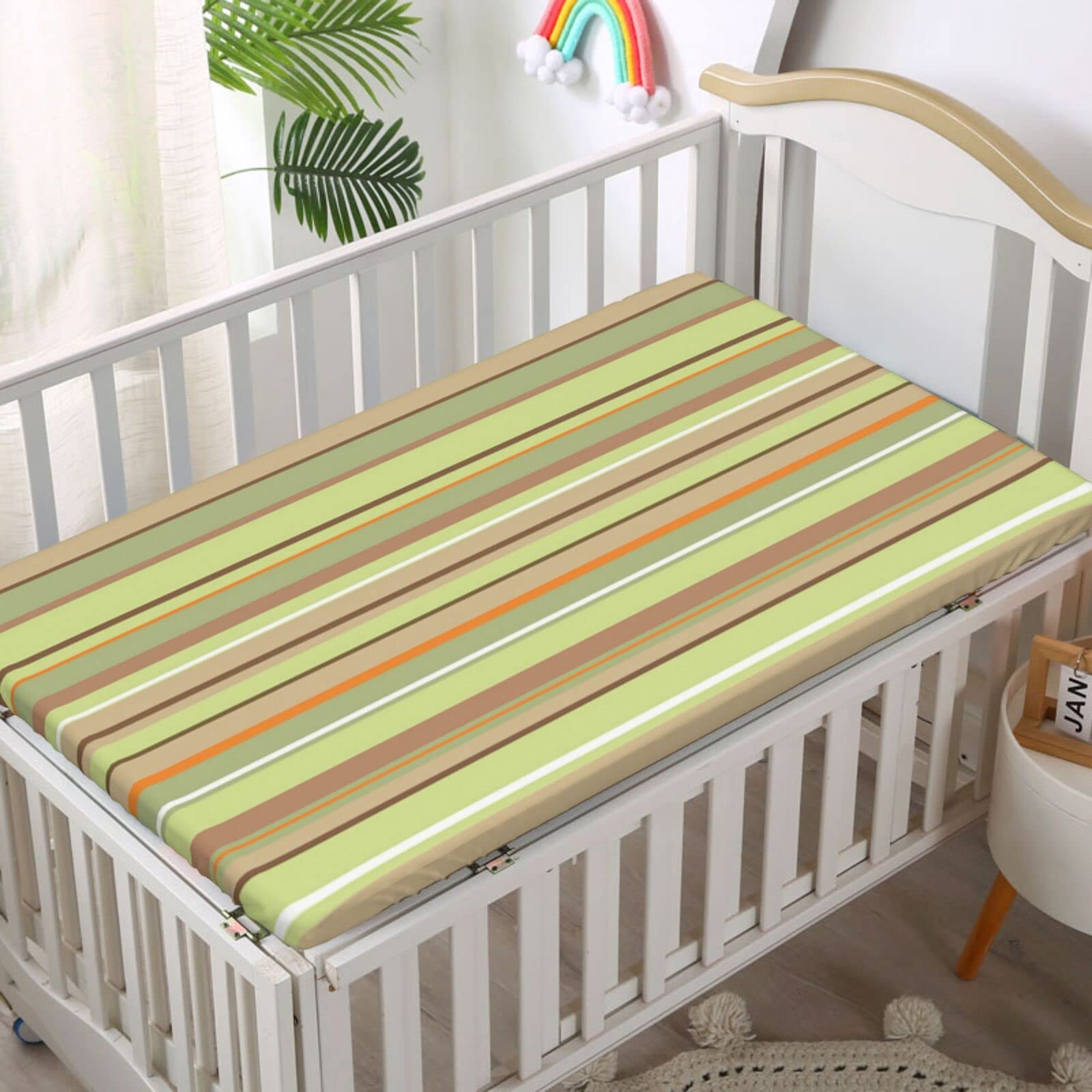 Striped Themed Fitted Mini Crib Sheets,Portable Mini Crib Sheets Soft and Breathable Bed Sheets-Baby Crib Sheets for Girl or Boy,24β x38β,Pistachio Green Tan Orange