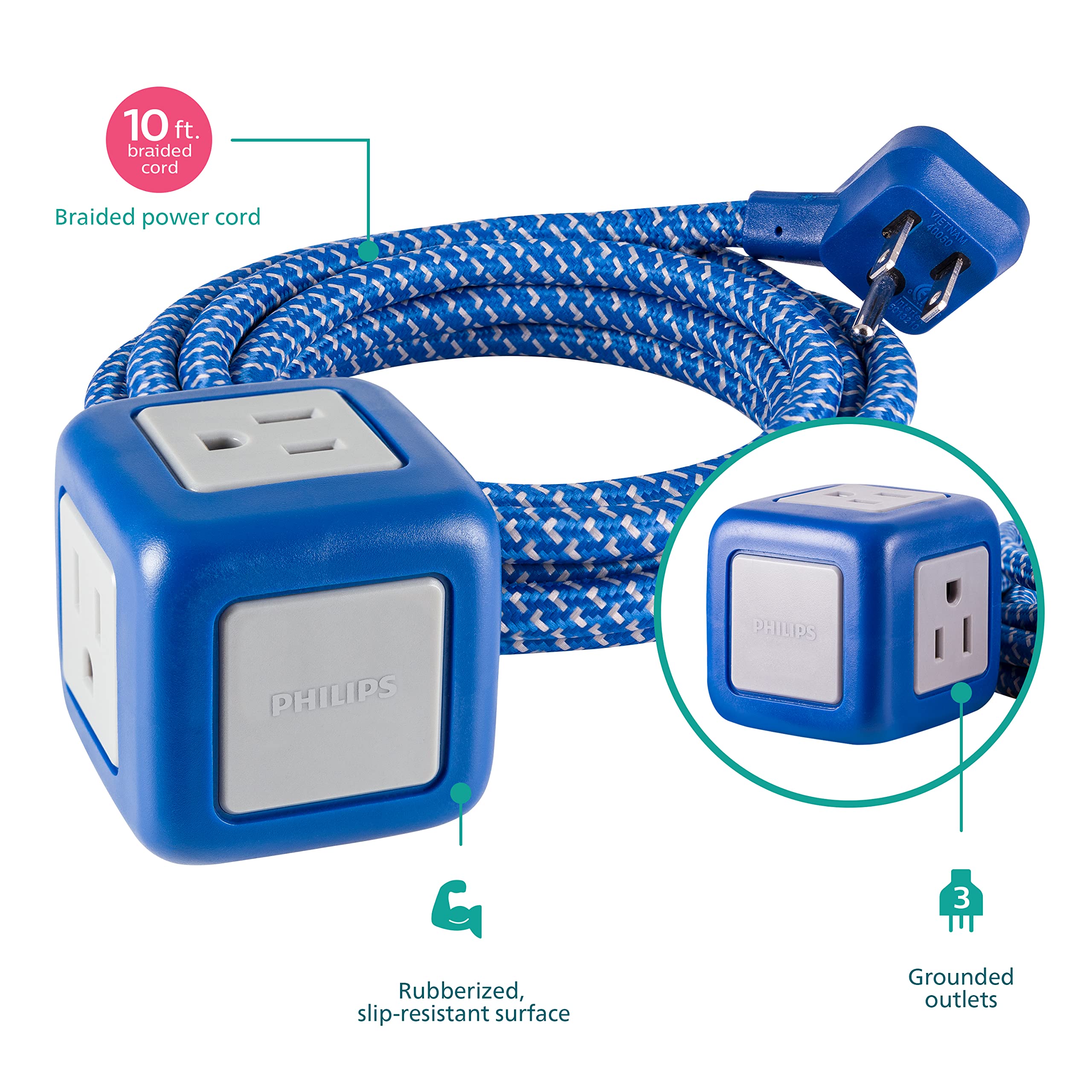 Philips Accessories 3-Outlet Extension Cord Cube with 2 USB-A Ports, 10 Ft Extra-Long Power Cord, Outlet Extender, Braided Cord, Space-Saving Flat Plug,2.4A, Rubberized Finish,Blue/Gray,SPS3102DB/37