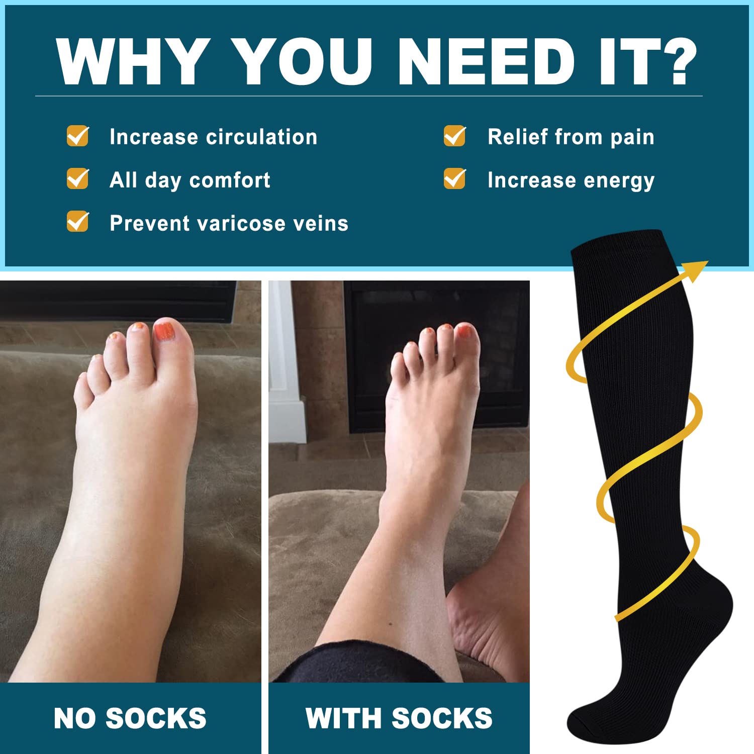Iseasoo 6 Pairs Compression Socks for Women & Men Circulation,Best Support for Athletic,Running,Nursing,Travel(Black,S/M)