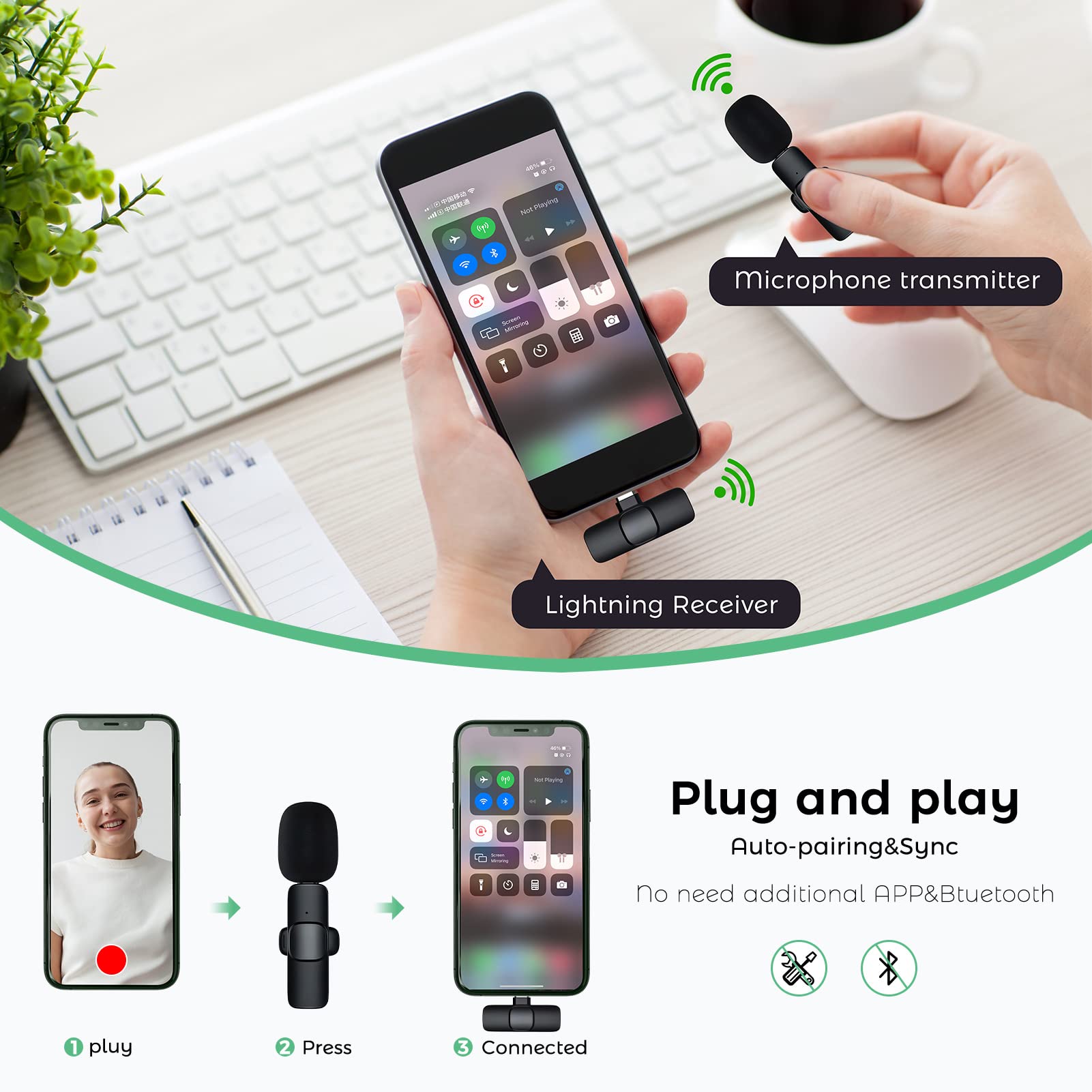 MAIKAI Wireless Lavalier Microphone for iPhone USB-C Android Youtubers Facebook tiktok Live Stream Video Recording Noise Reduction Auto-syncs Clip-on iPhone Lapel Mic (NO APP or Bluetooth Needed)