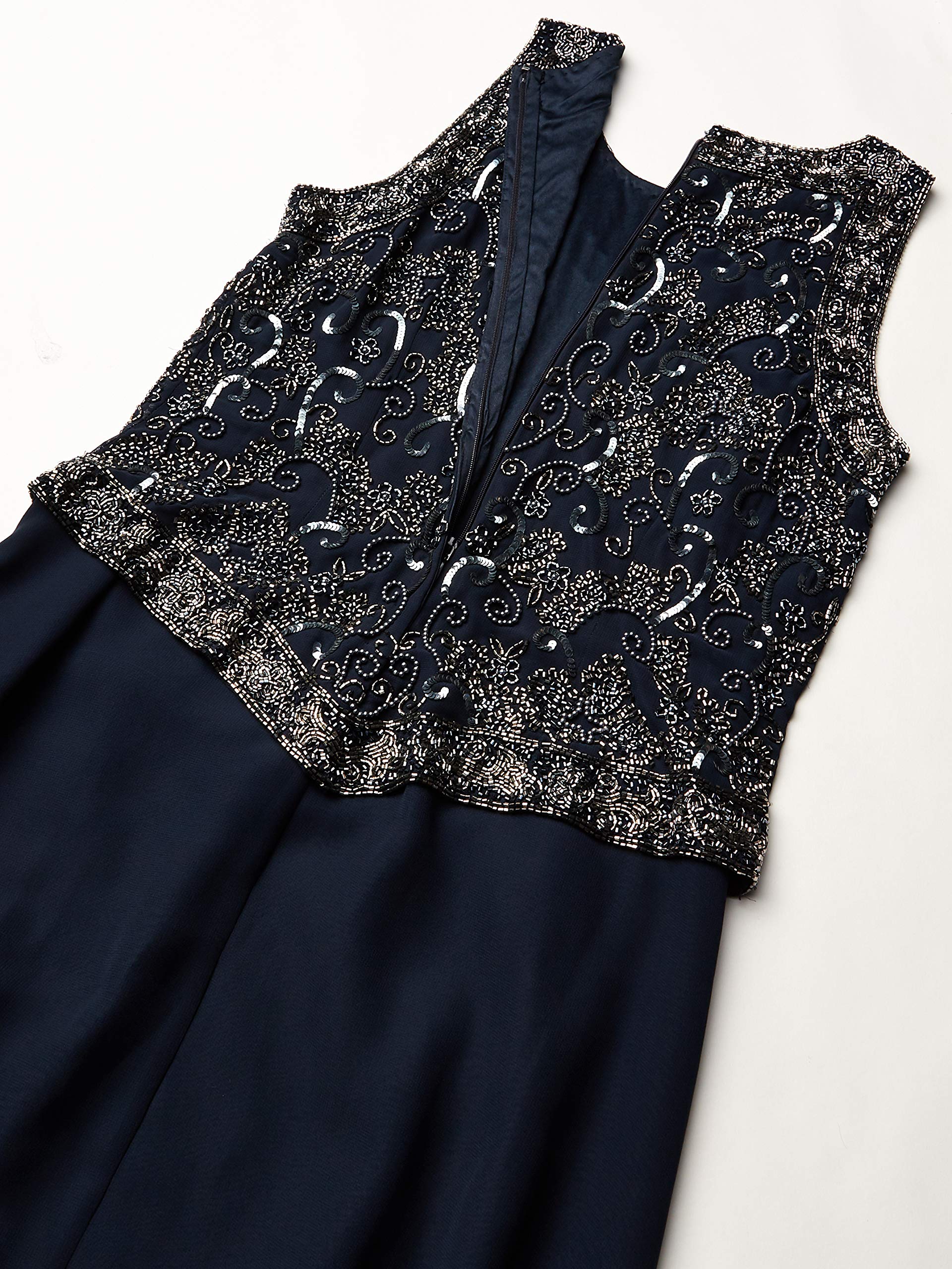 J Kara Women's Long Beaded V Trim Detail Dress with Scarf, Navy/Mercury/Gun, 6