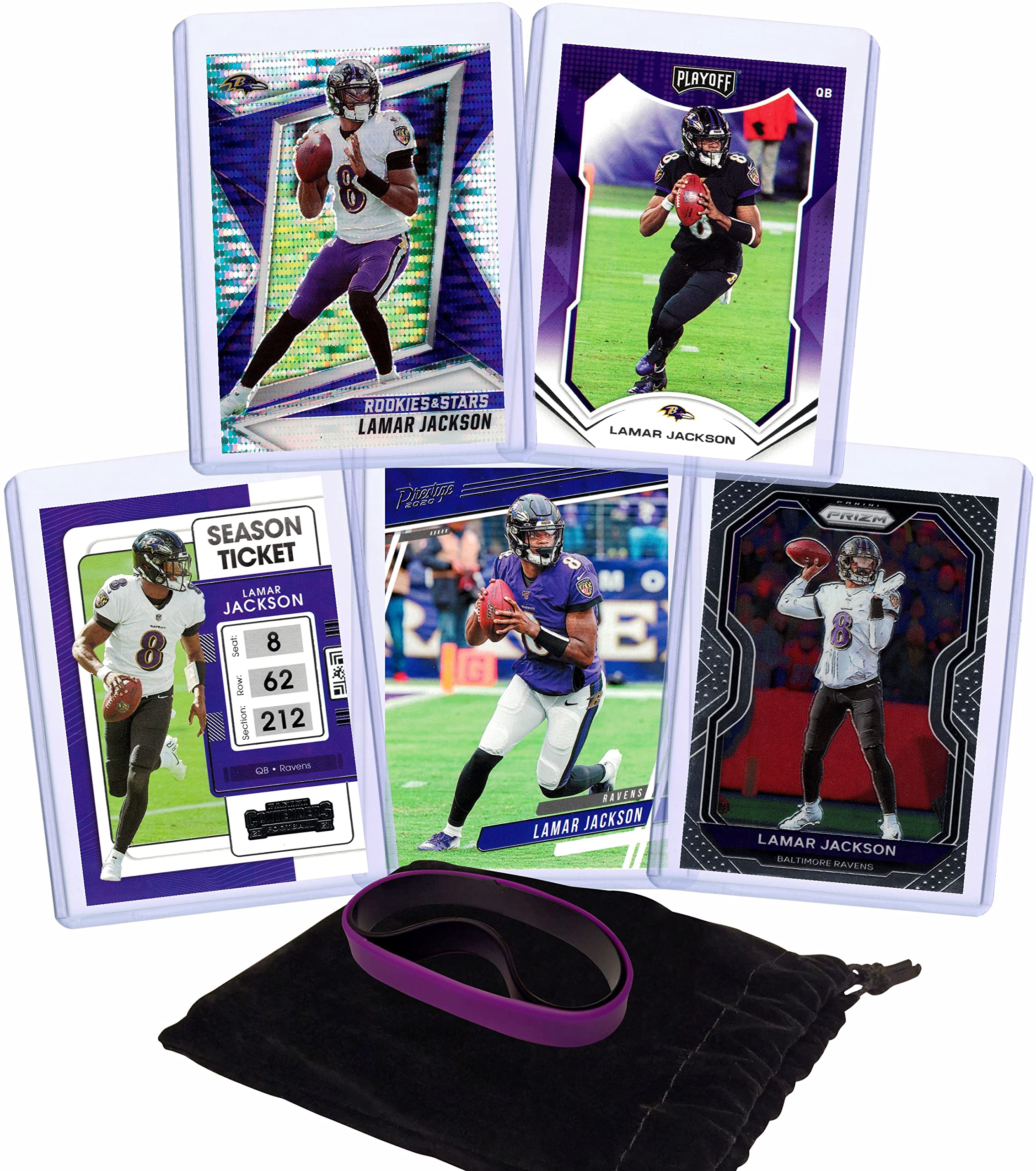 Lamar Jackson Football Cards (5) Assorted Bundle - Baltimore Ravens Trading Card Gift Set