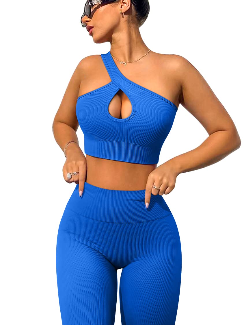 OQQ Women's 2 Piece Workout Outfits Ribbed Seamless High Waist Leggings with One Shoulder Crop Tops Exercise Set Blue
