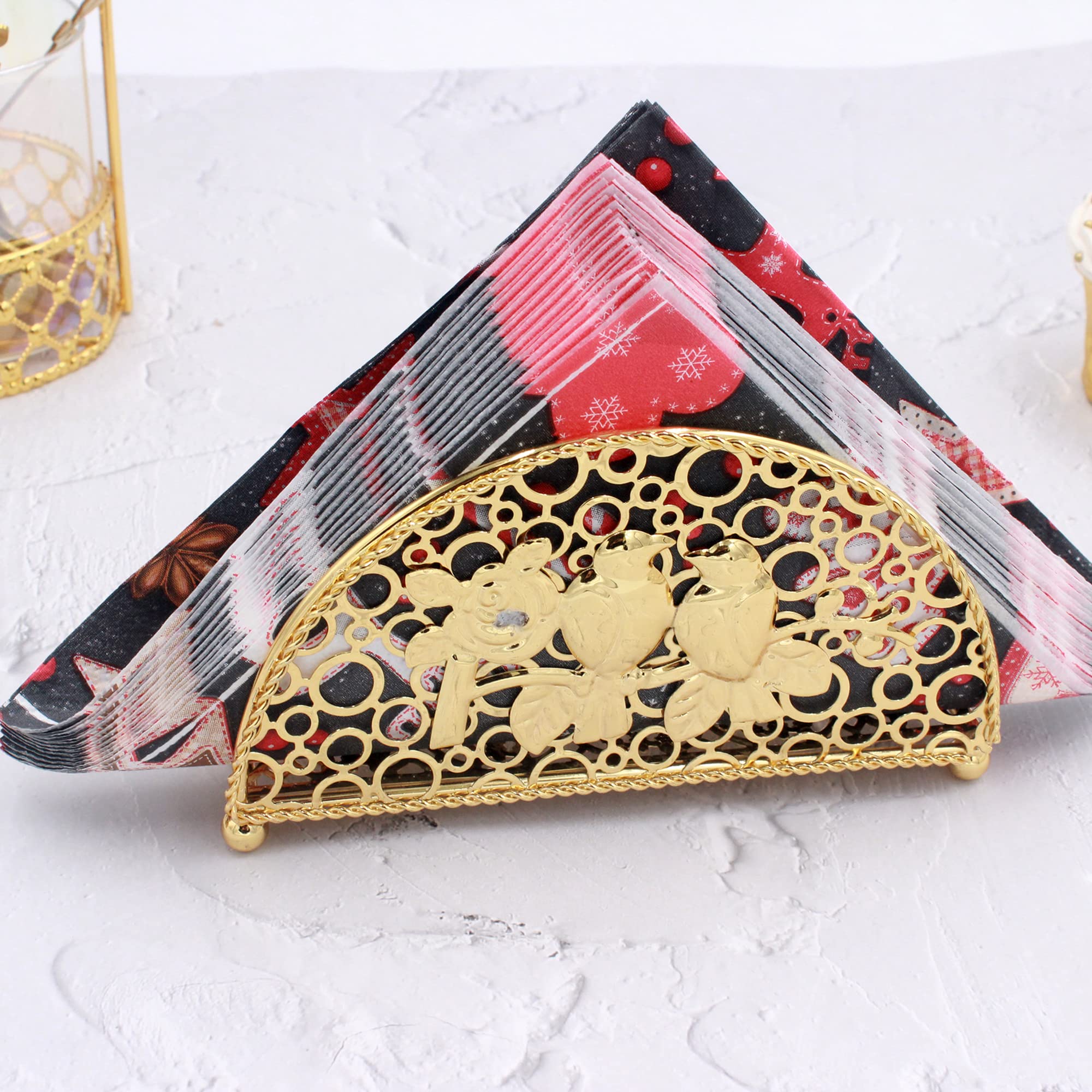 SDlumeiy Metal Semicircle Gold Napkin Holder with Bird,Paper Tissue Dispenser for Dining Table, Kitchen Countertop 6x1.6x3.1inch