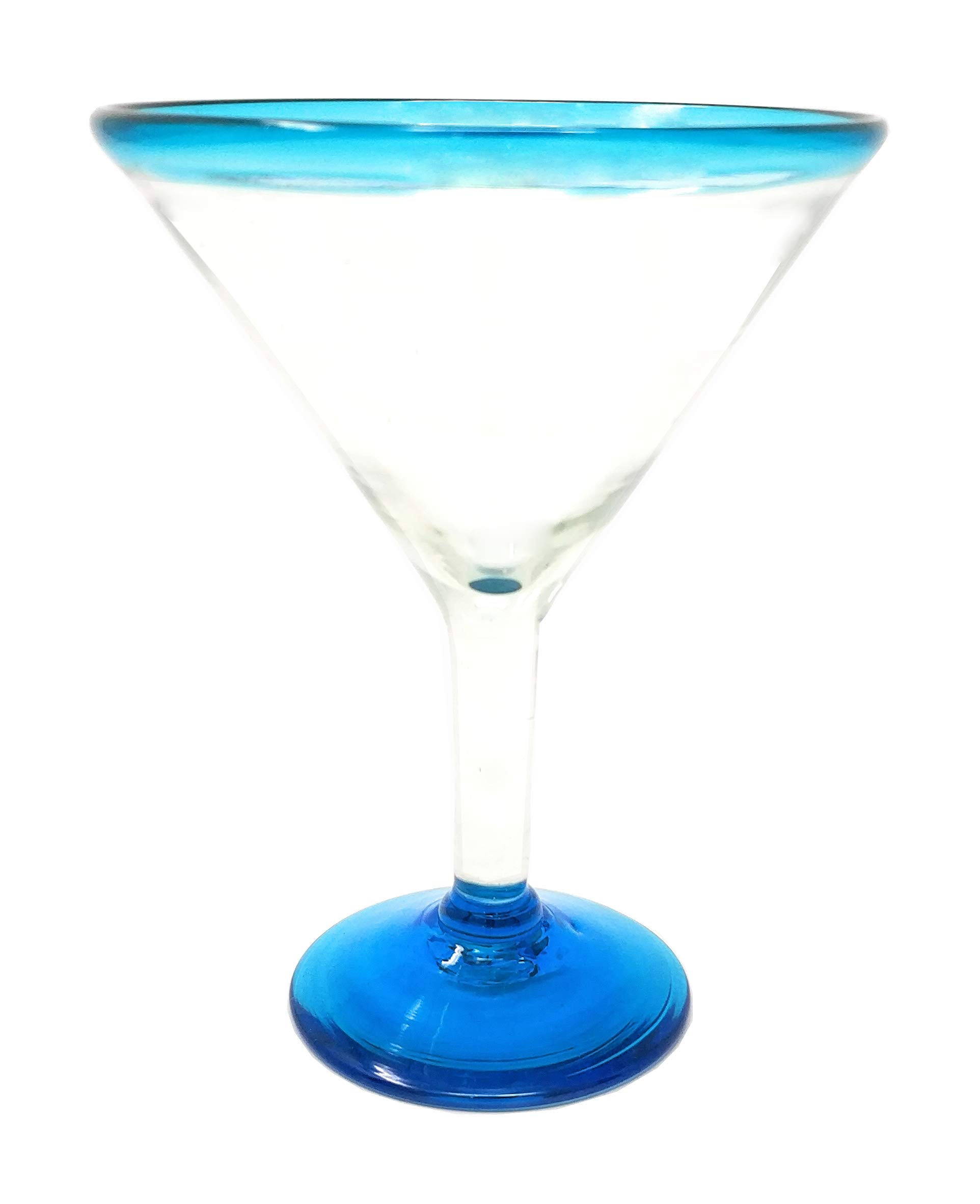 Mexican Hand Blown Glass – Set of 4 Hand Blown Modern Margarita Glasses - Aqua Rim (12 oz)