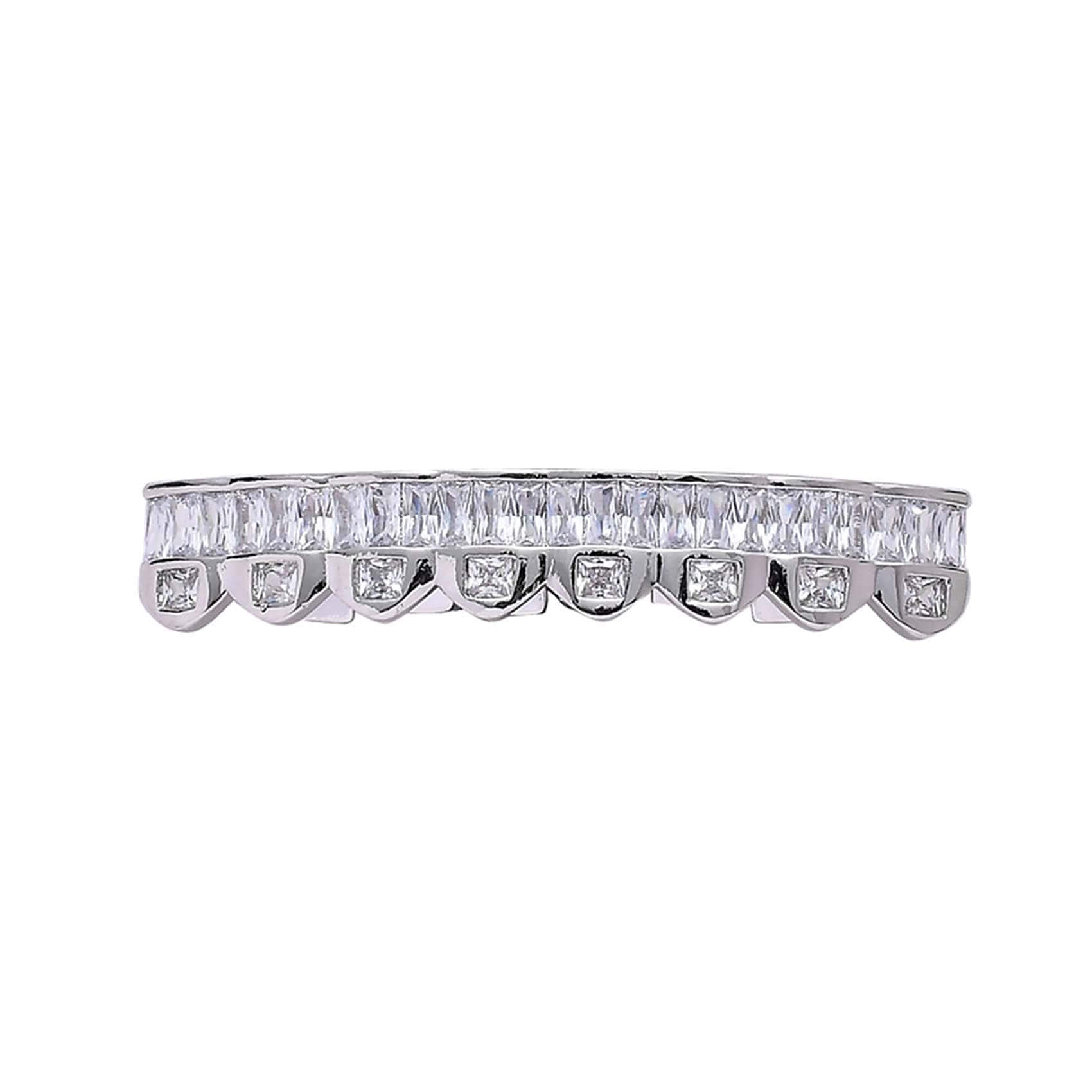 LKV Silver Teeth Grillz for Men and Women, Hip Hop Iced Out Diamond Mouth Grills for Your Teeth Top & Bottom, Rapper Costume Teeth Grillz with Extra Molding Bars