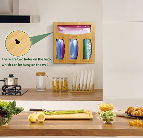 SOGUAOLO Bamboo Ziplock Bag Storage Organizer and Dispenser for Kitchen DrawerâFood Storage Bag Holders Compatible With Gallon, Quart, Sandwich & Snack Variety Size Bags.