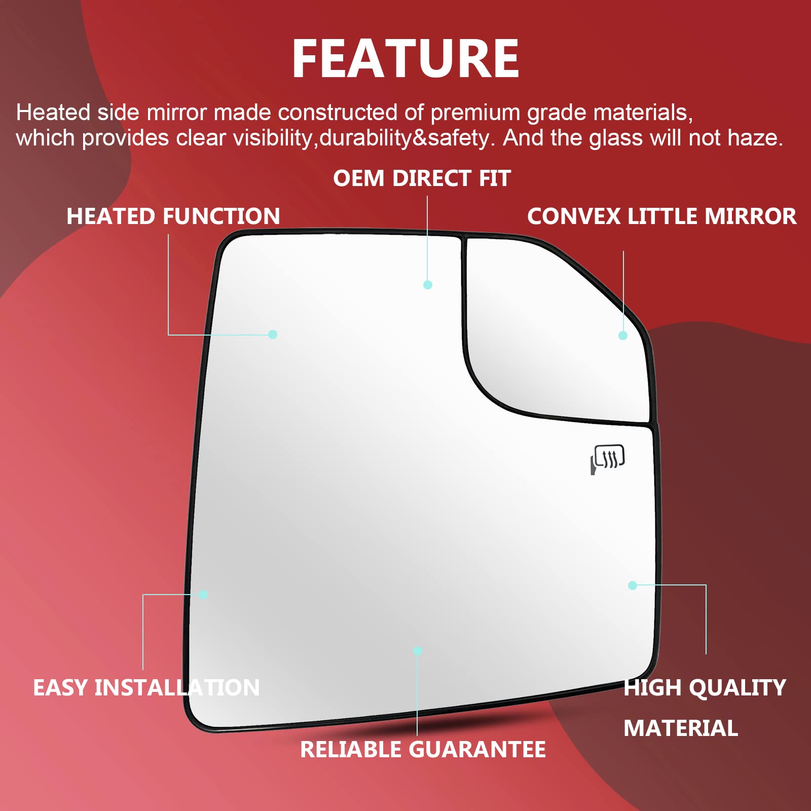 Passenger Side Heated Mirror Glass, Compatible with Ford F-150 2015 2016 2017 2018 2019 2020 Side View Convex Mirror Glass, Replace FL3Z17K707L