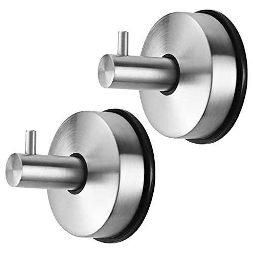 Suction Cup Shower Hooks, Towel Hooks for Glass Doors or Tiles, Stainless Steel No-Drill Reusable Hooks (2 Pcs, Silvery)