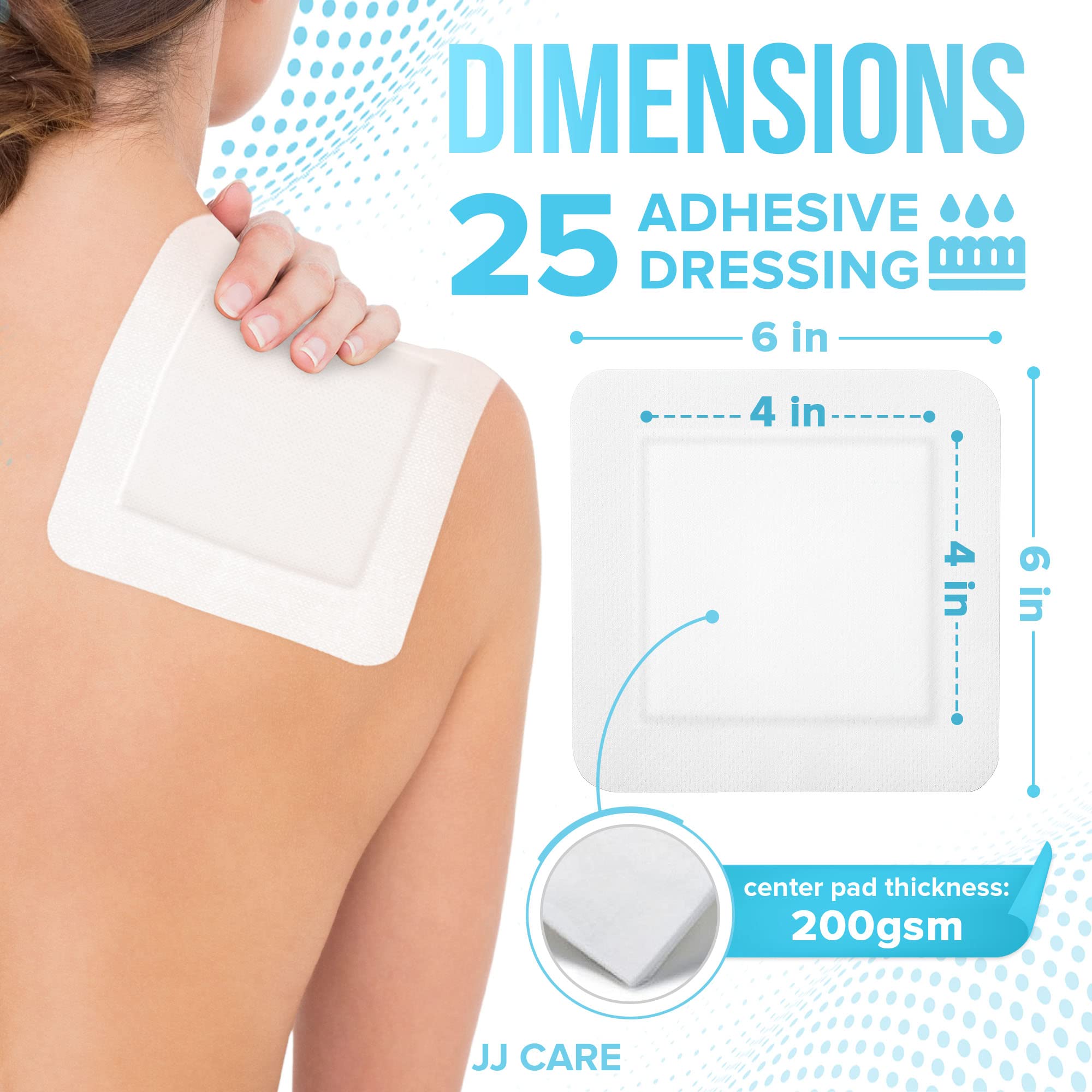 JJ CARE Adhesive Island Dressing [Pack of 25], 6x6 Sterile Bordered Gauze Dressing, Breathable Island Wound Dressing Individually Wrapped with Highly Absorbent Non-Stick Center Pad