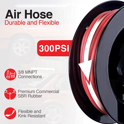 ReelWorks Air Hose Reel 3/8" Inch x 50' Foot SBR Rubber Hose Max 300PSI Commercial Steel Construction