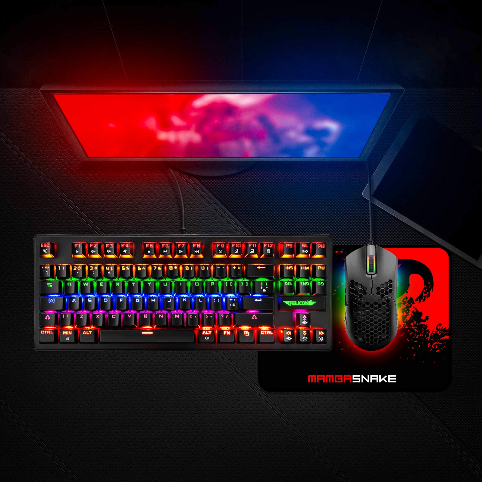 Mechanical Gaming Keyboard and Mouse Combo with Full 88 Key Anti-ghosting Rainbow Backlight Ergonomic Floating Plate 6400DPI Honeycomb Mice USB Wired for PC MAC Gamer Office Typist(Black/Red Switch)