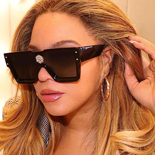 SHEEN KELLY Retro Square Sunglasses for Men Women Fashion Thick Flat Top Black Shades Diamond Eyewear