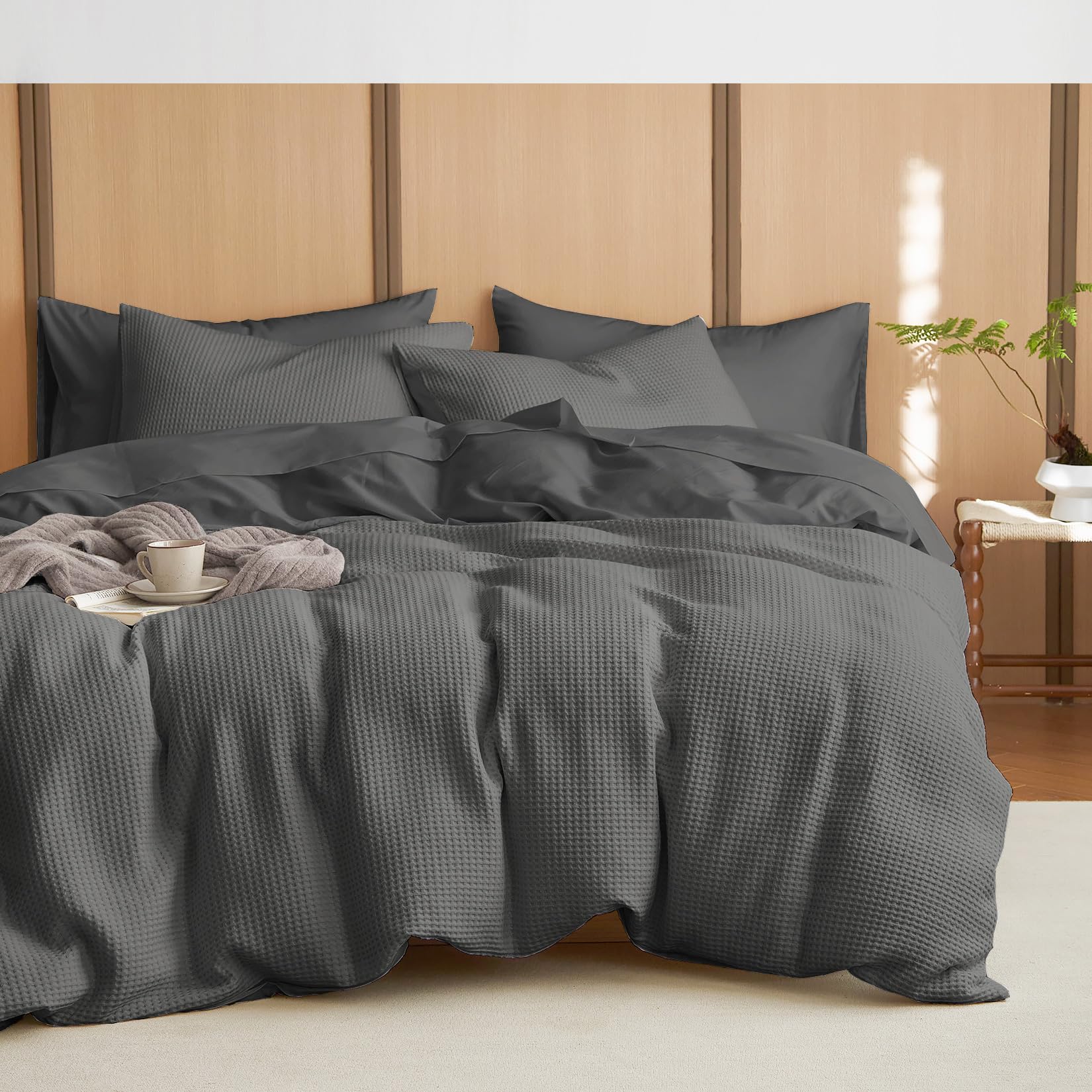 Wake In Cloud - Waffle Cotton Duvet Cover Set, 100% Cotton Bedding, Waffle Weave Knit Textured Neutral Farmhouse Soft Lightweight, 3 Pieces, Beige, Queen Size