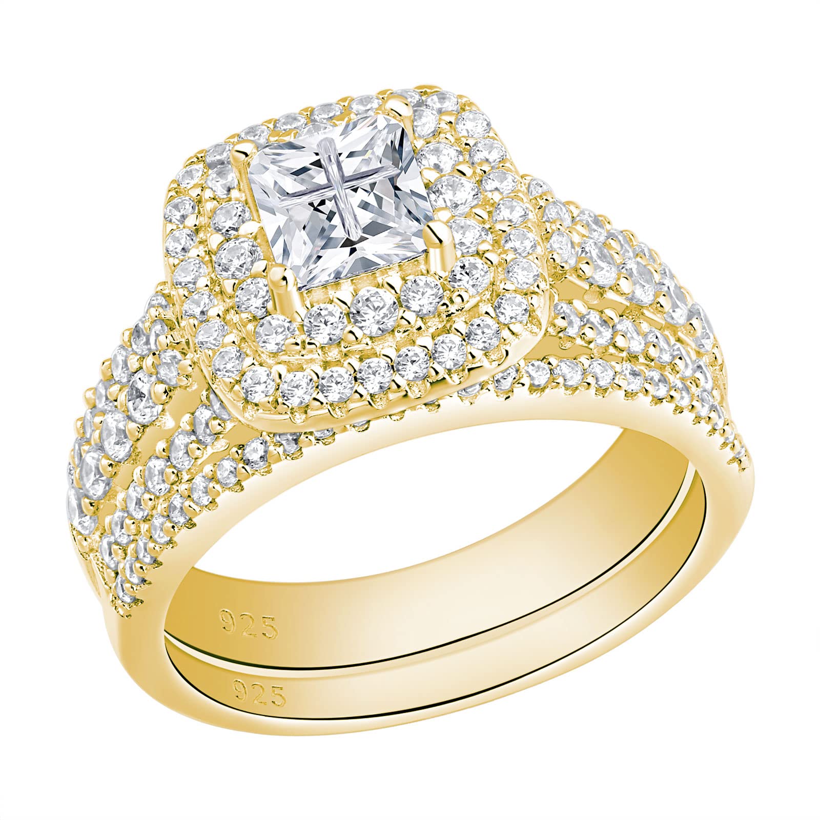 Newshe Wedding Rings for Women Engagement Ring Sets Sterling Silver Cz 1.7Ct Princess Cross Yellow Gold Size 6