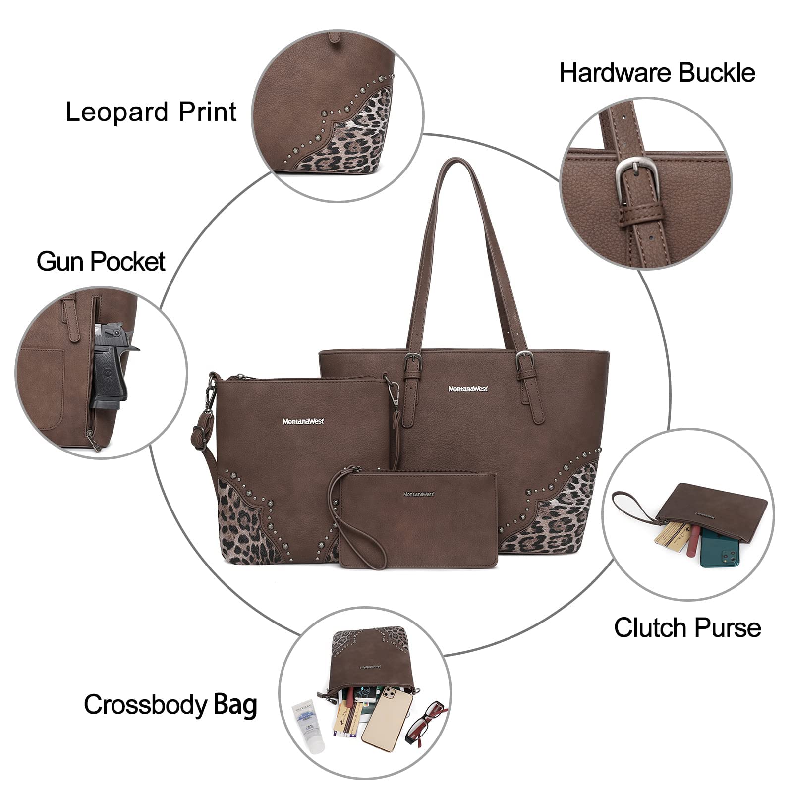 Montana West 3 PCS Tote Bag Set Purse Large Shoulder Bag Concealed Carry Purses and Handbags for Women MWC3-G058-CF