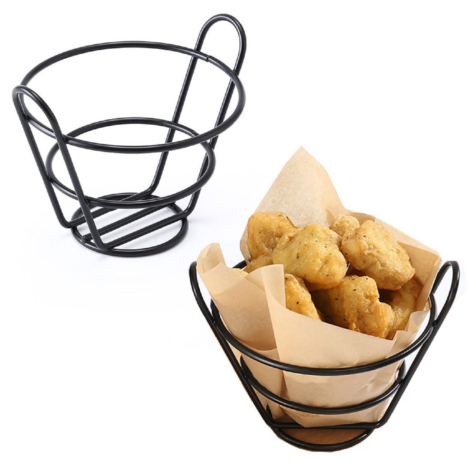 MIAO JIN 2Pcs French Fries Stand Cone Basket Fry Holder Metal Cone Snack Fried Chicken Display Rack Wire Stands for Kitchen Restaurant Party Supplies (Black)