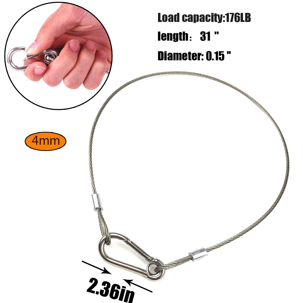 M-FV Stage Lights Safety Cable 110lb 176lb Load Duty 31.5’’ Stainless Steel Safety Rope for DJ Stage Lighting Par Light Moving Head Light (4mm-4pack)