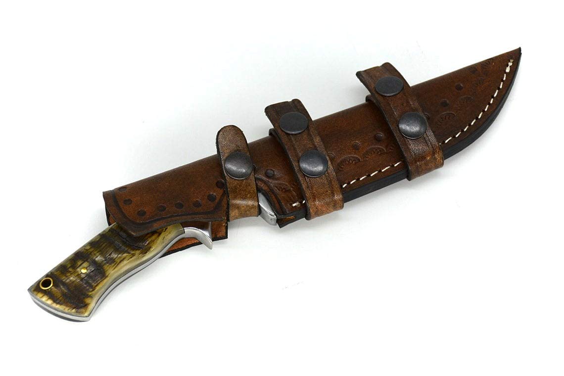Leopard Picks Handmade Damascus Hunting Knife Ram Horn Handle Full Tang