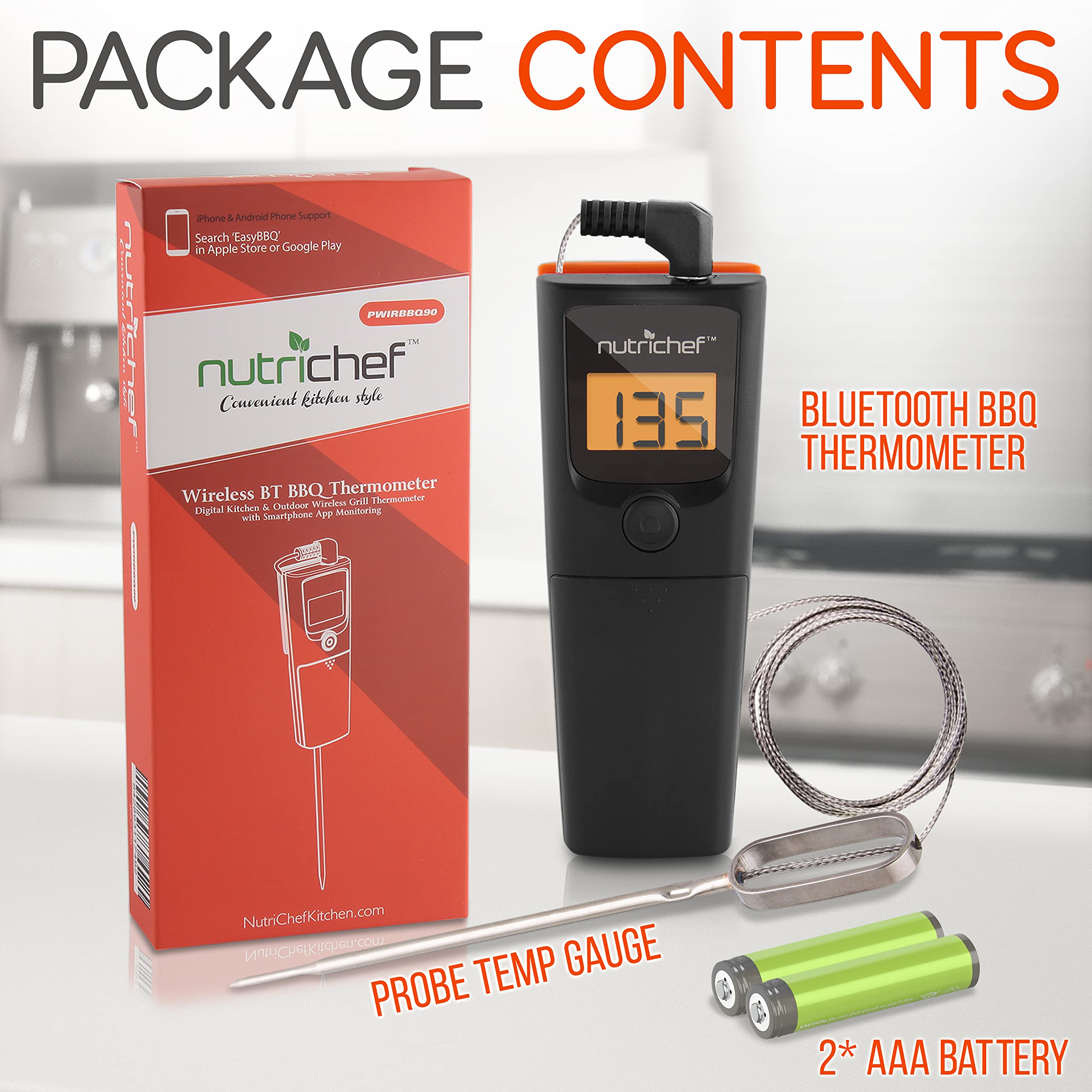 NutriChef Bluetooth Grill BBQ Meat Thermometer, 150 ft Wireless Digital Monitoring Timer & Alarm for Smoker, Oven