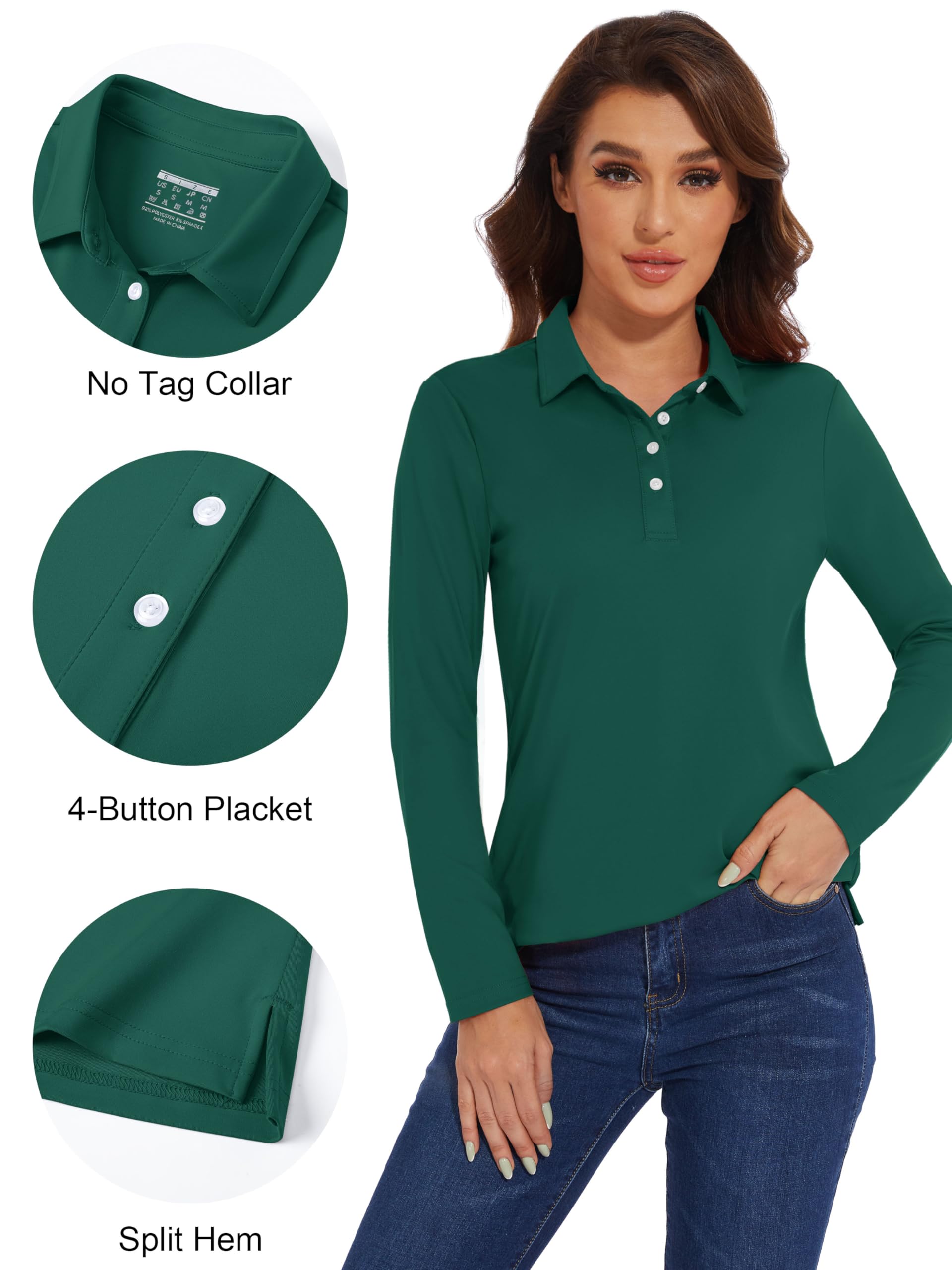 MAGCOMSEN Women's Swim Shirt Long Sleeve Polo Tees Shirts UPF 50+ UV Protection Athletic Shirts V-Neck Golf Polo Emerald Green,M