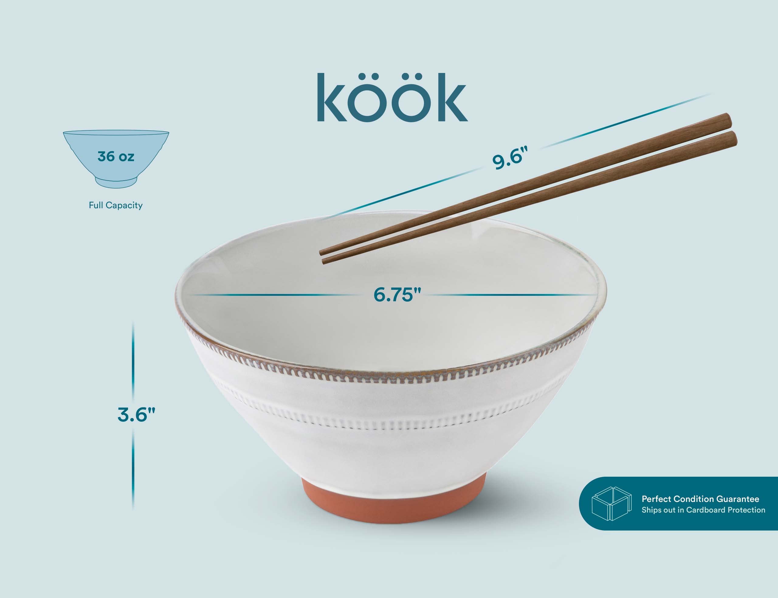 KooK Ramen Bowls, Terracotta Japanese, Microwavable, Dishwasher Safe, for Rice, Udon, Soba, Pho, 36 oz, with One Set of Wooden Chopsticks, Set of 2 (Cloudy White)