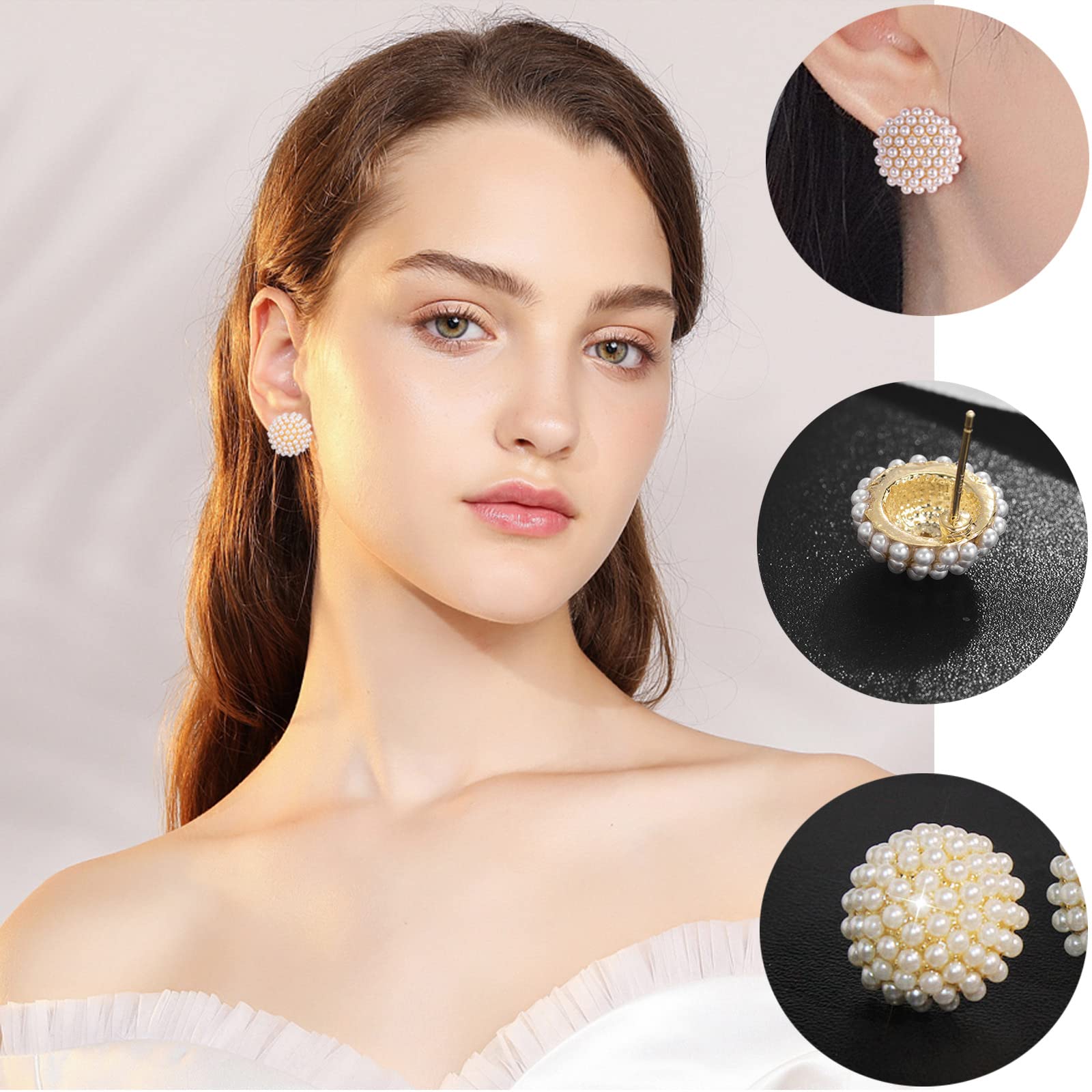 met-edianger Cluster Pearl Stud Earrings for Women Hypoallergenic Cluster Round Shell Bead Pierced Earrings