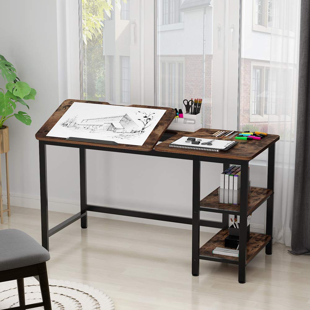 LITTLE TREE Drafting Table, Multi-Function Drawing Table with Adjustable Tiltable Stand Table Board, Can Also be Computer Desk, Writing Desk or Workstation for Office and Home Use. (Rustic Brown)