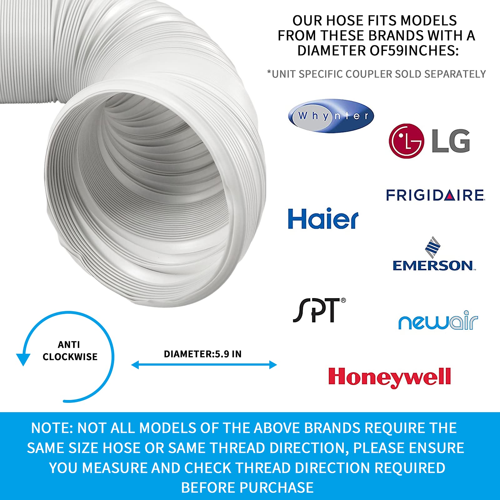 Portable Air Conditioner Hose 5 Inch Diameter,Portable AC Hose Exhaust Vent With Anti-Clockwise Thread Length up to 80 Inchesā¦