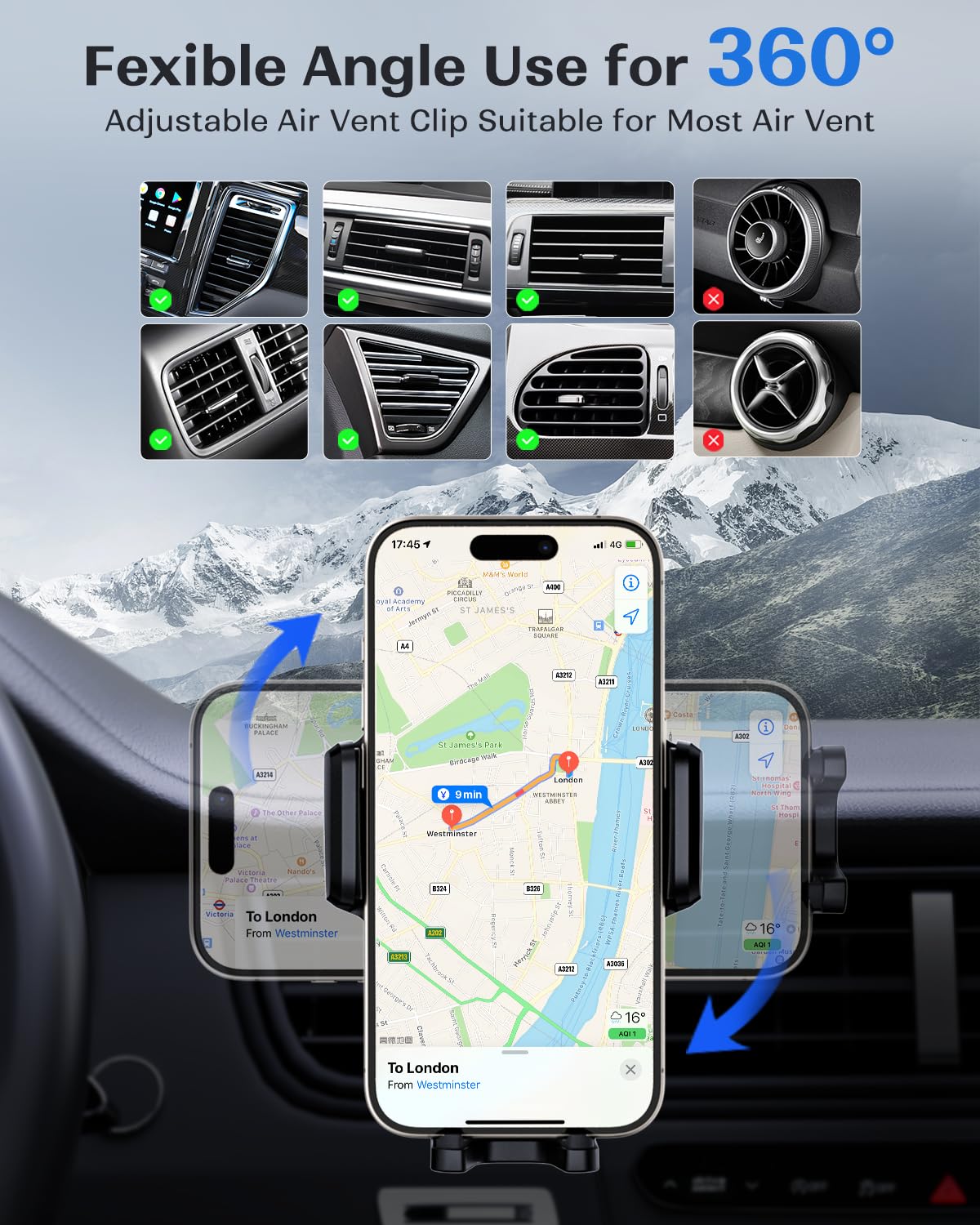 KPON Car Phone Holder Wireless Charger, Auto Clamping Wireless Car Charger Mount 15W/10W/7.5W for Dashboard, Automatic Air Vent Windshield Mount for iPhone 15 14 13 12 11/Samsung/LG/Google Pixel