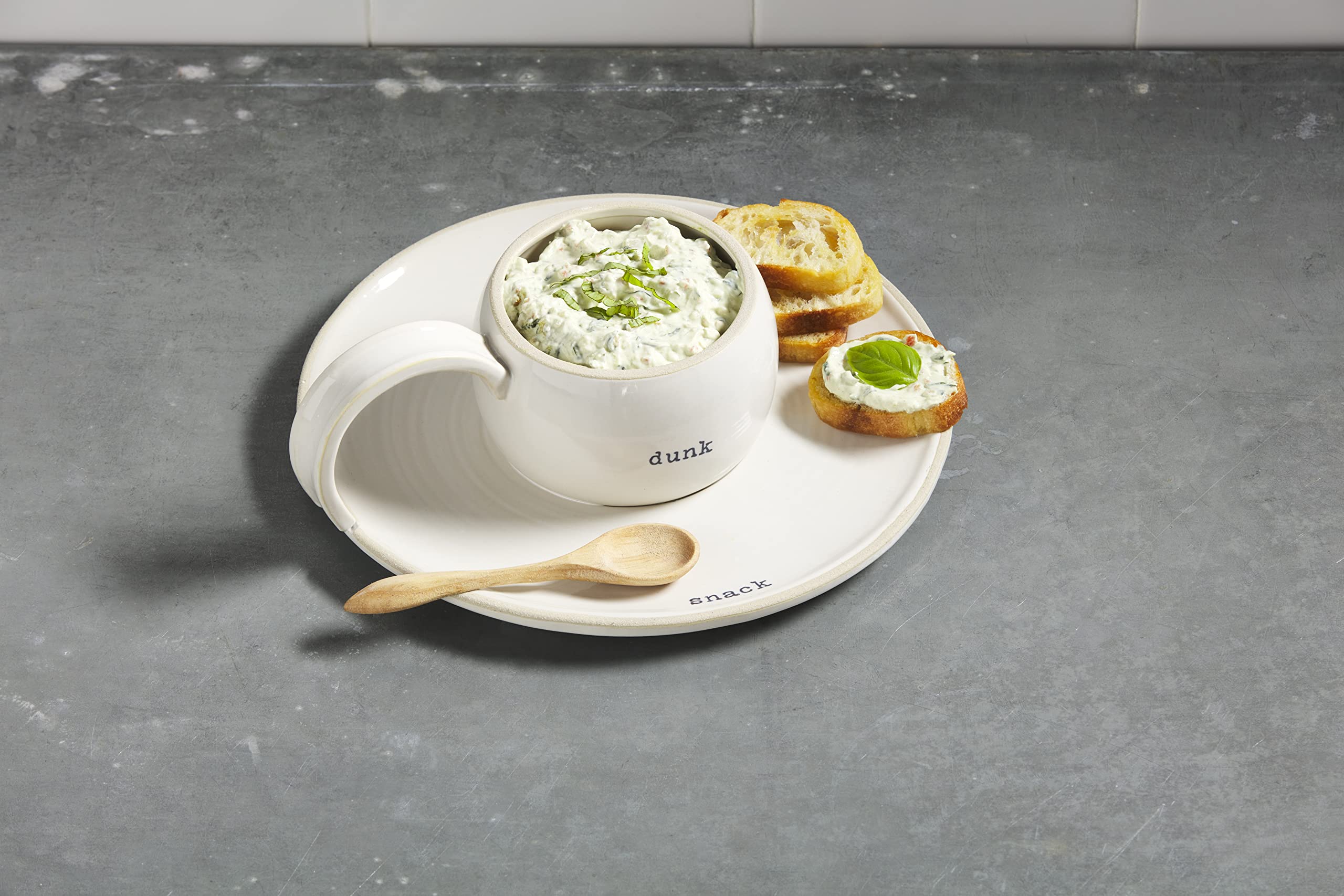 Mud Pie Farm Handle Chip and Dip Set, server 2 3/4" x 9 1/2" dia | spoon 5", Cream