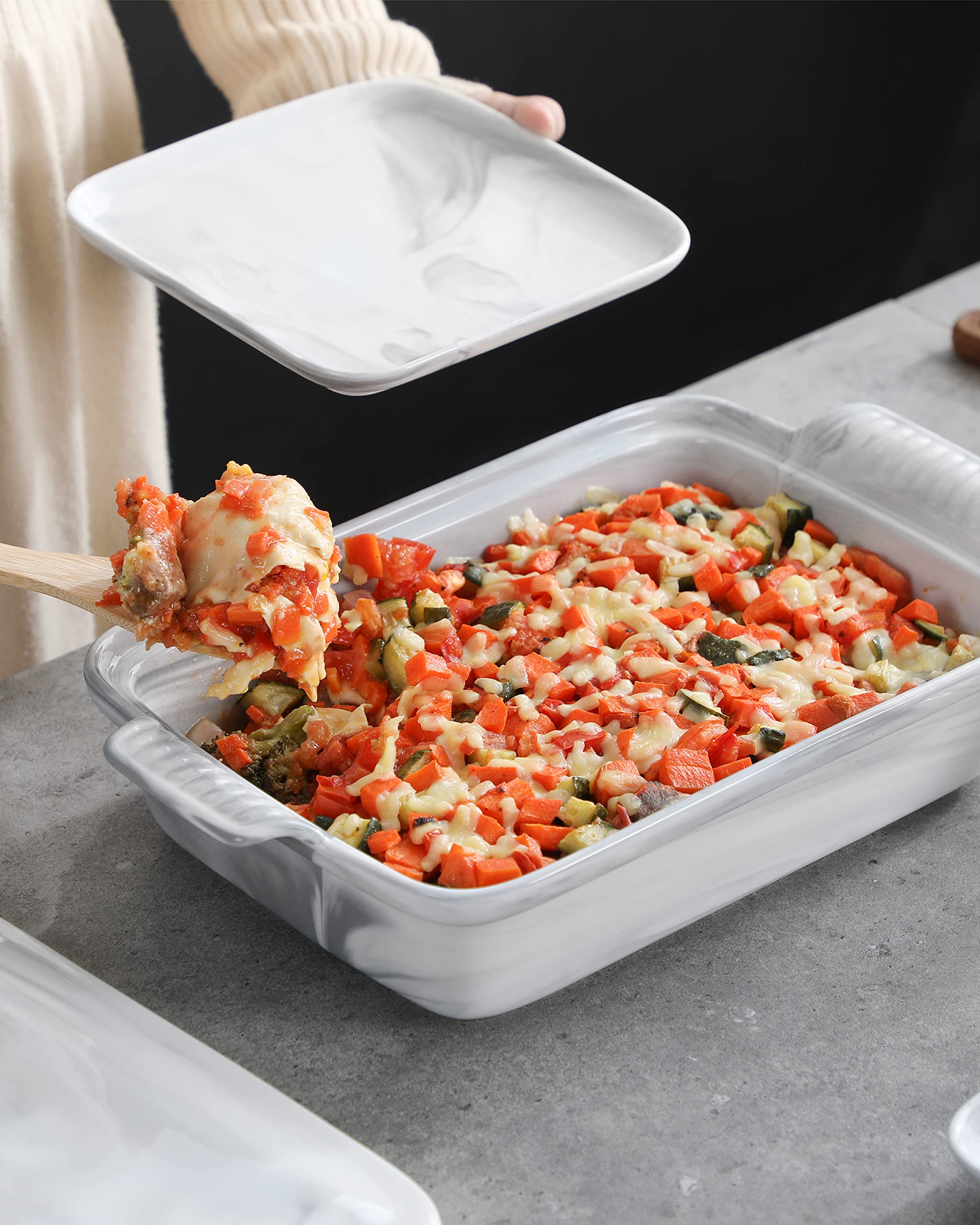 MALACASA Casserole Dish with Lid, 4.2 Quart Ceramic Bakeware Lasagna Pan, 9 x 13 Rectangular Baking Dish with Lid Oven Safe, 9 x 13 x 3.4 inch, Marble Gray