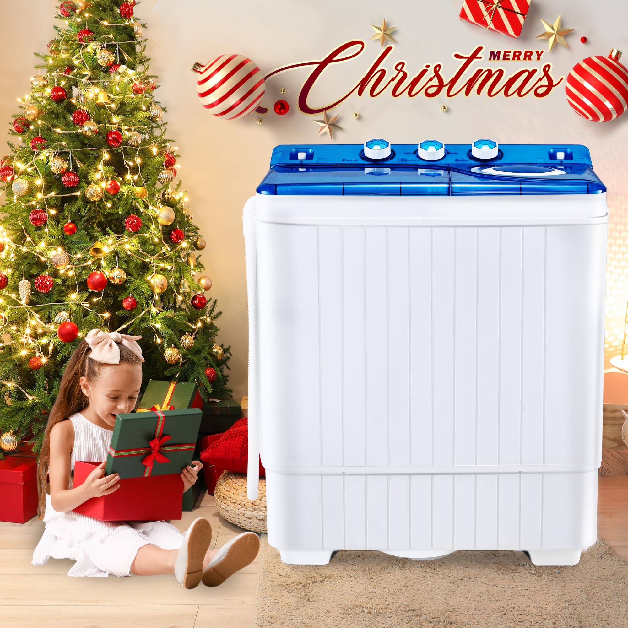 Kumcahom Portable Washer 26Lbs Capacity Washing Machine and Dryer Combo Twin Tub Laundry Washer(18Lbs) & Spinner(8Lbs) with Built-in Gravity Drain Pump,for Apartment,Dorms,RV Camping (BLUE+WHITE)