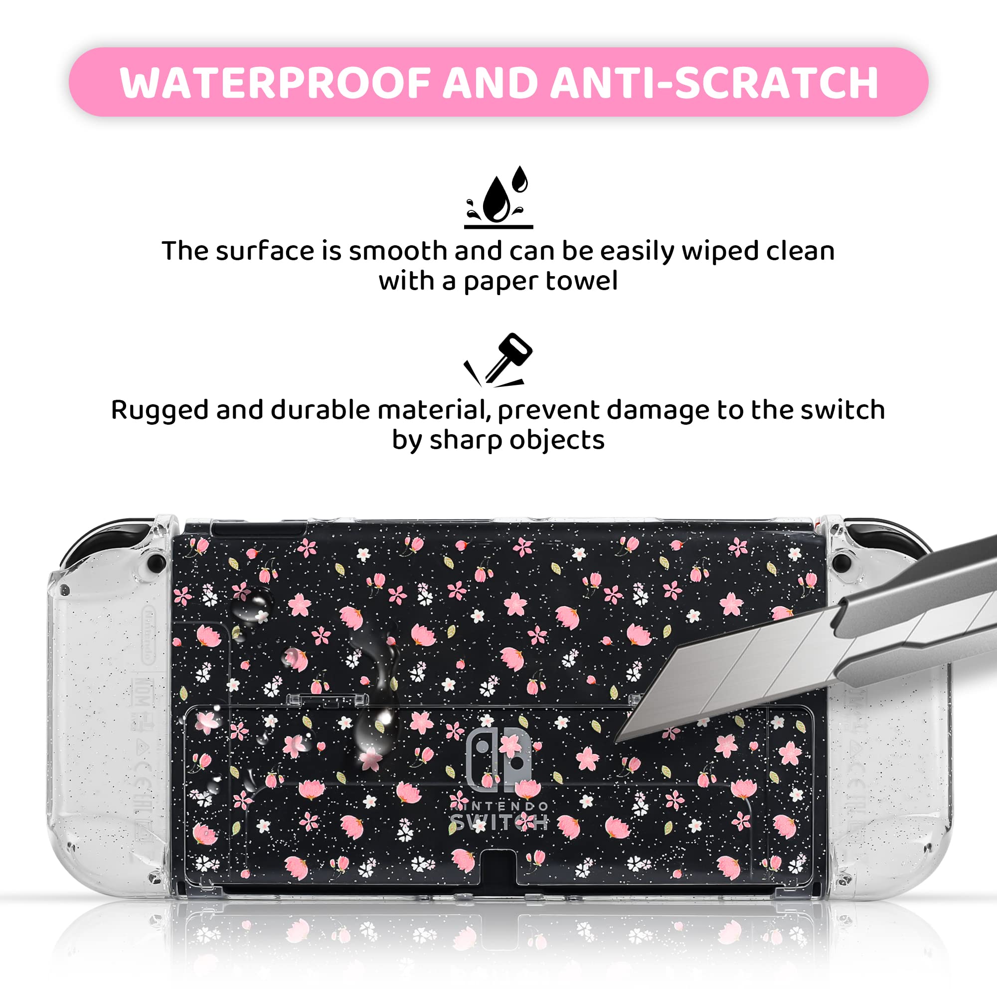 LASTYAL Glitter Sakura Case Compatible with Nintendo Switch OLED, Clear Protective Shell with Cherry Blossoms for Switch OLED and Joycon Controller with Screen Protector and 4 Thumb Caps Grip