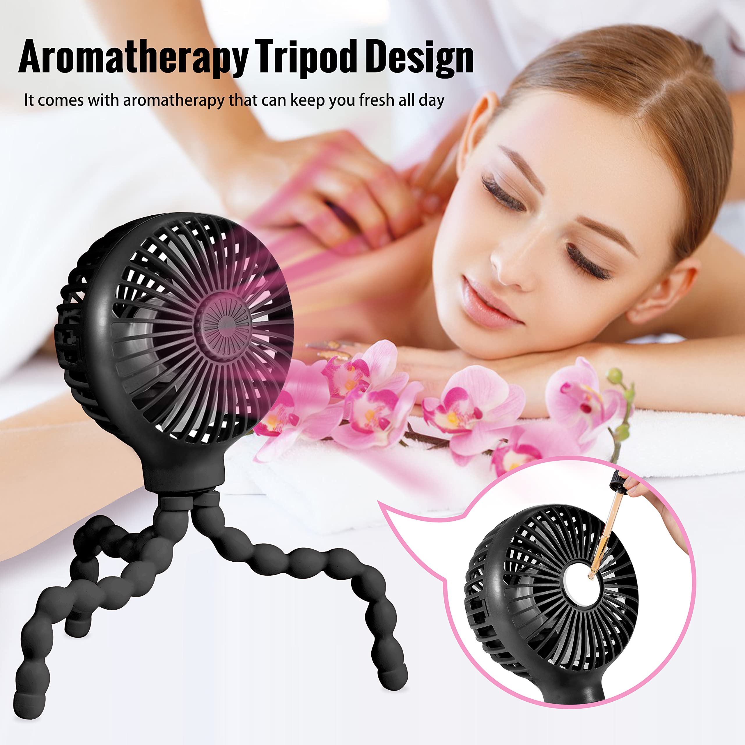 scurry Stroller Fan, Portable Desk Fan, Mini USB Fan, 2600mAH Rechargeable Battery Operated Fan with LED Light and Aromatherapy, Flexible Tripod Design Personal Handheld Fan for Stroller (Black)