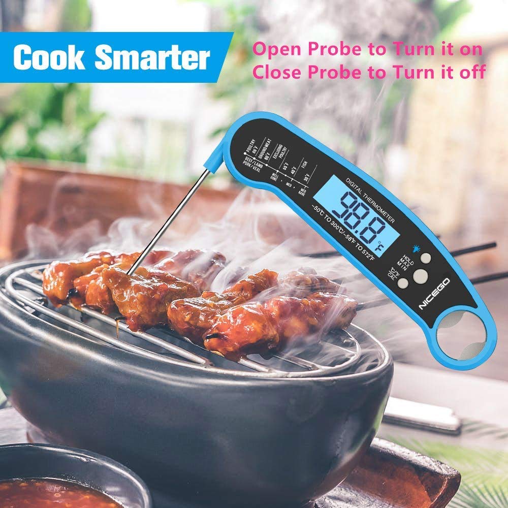 NiceGo Digital Instant Read Meat Thermometer with Probe Fast Waterproof Thermometer with Back Light and Calibration. Digital Food Thermometer for Cooking, Kitchen, Outdoor Cooking, BBQ Grill. (Blue)