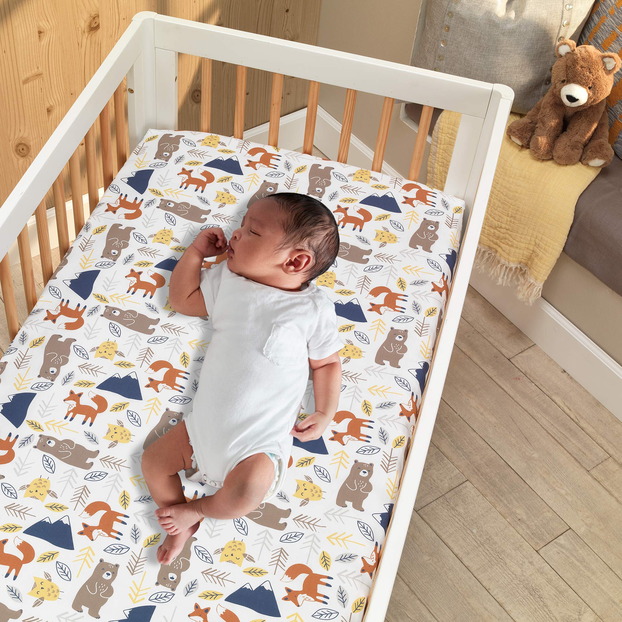 Lambs & Ivy Sierra Sky Woodland Bear/Fox 100% Cotton Baby Fitted Crib Sheet