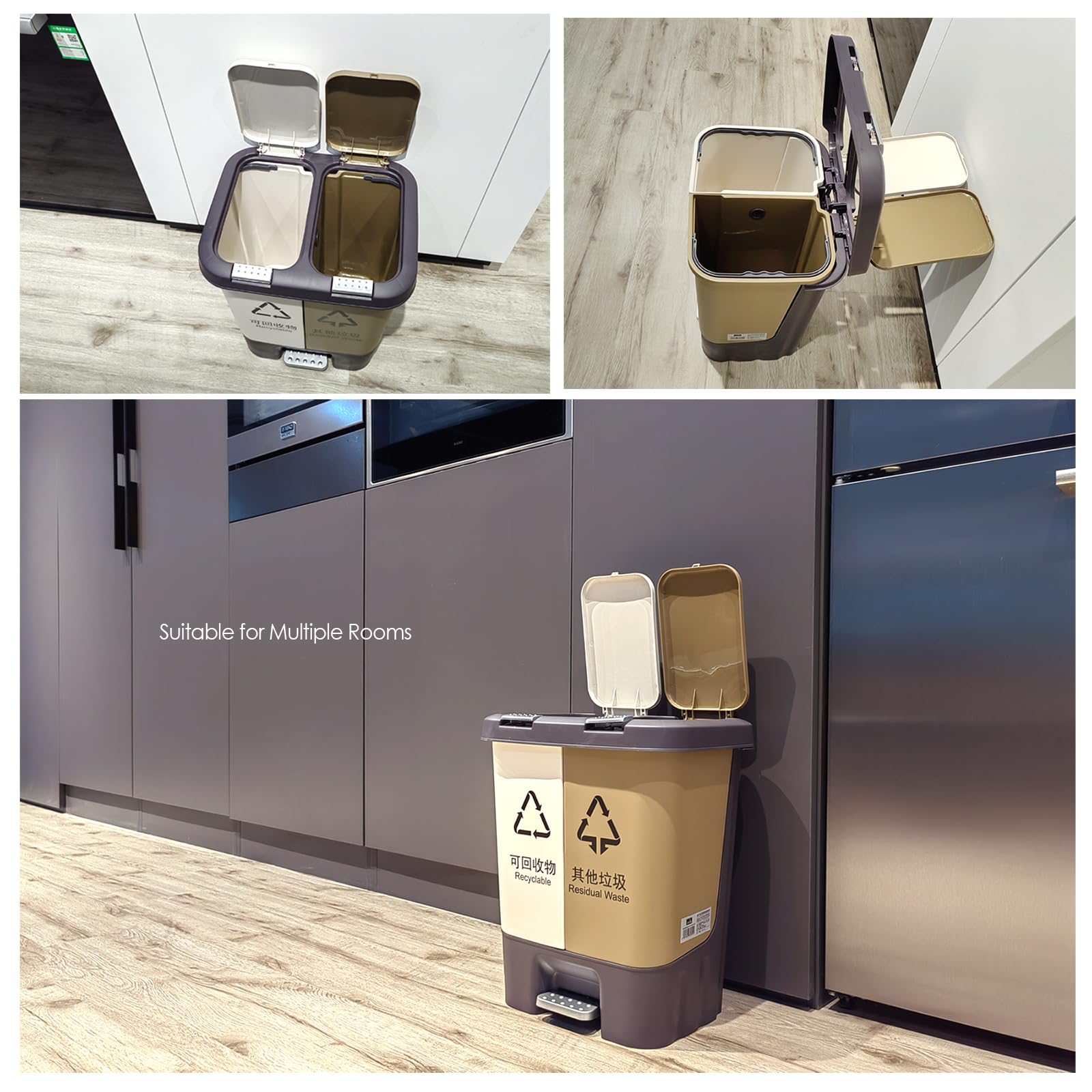Winsterch Dual Compartment Trash and Recycling Bin, 2 Sections with Lid, for Kitchen, Bathroom, Bedroom,Pedal Operated, Trash Can with Lid, for Kitchen, Home Office,40L