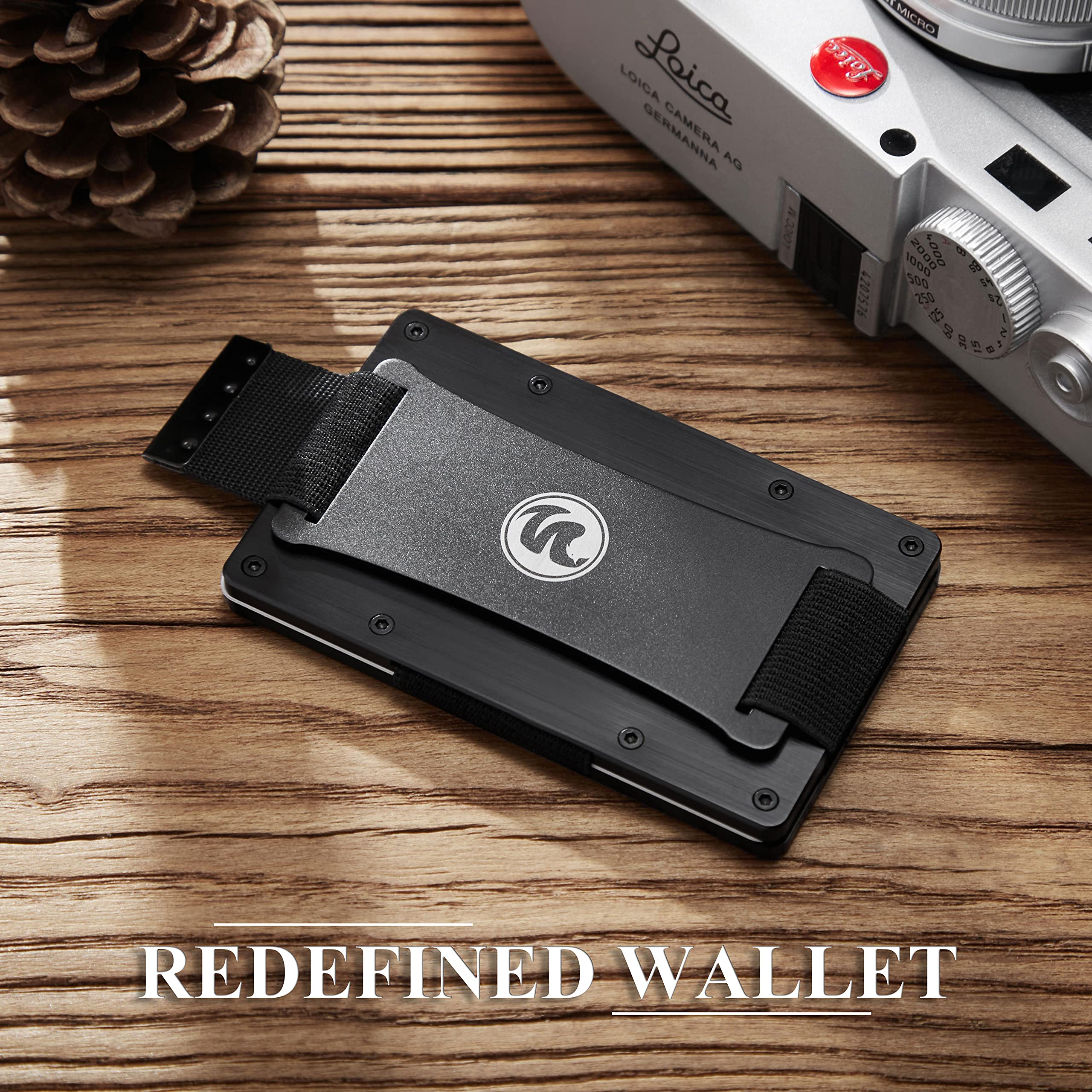 Men Minimalist Metal Wallet with Cash Strap | Wood American Flag | Slim Pocket RFID Blocking Pull Card Holder | Personalized Aluminum EDC Tactical Wallets | Money Case Carbon Fiber
