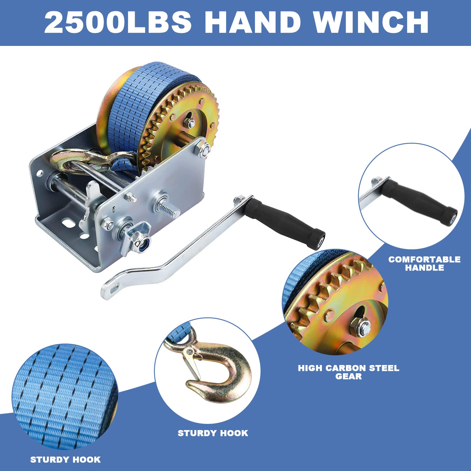 KUNTEC 2500lbs Hand Winch Hand Crank Durable Gear Manual Winch with 24FT Polyester Strap for ATV Boat Trailer