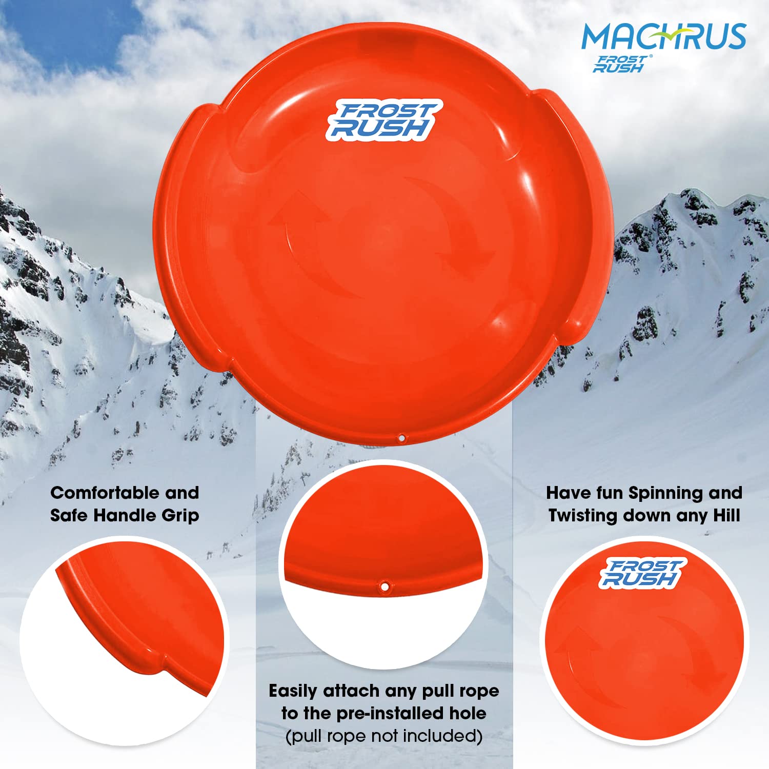 Machrus Round Saucer Sled for Kids and Adults | Frost Rush Winter Snow Sled | Heavy Duty Plastic Round Sled with Grip Handles - Blue