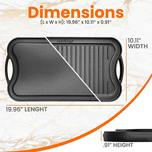 NutriChef Reversible Plate-PFOA & PFOS Free Oven Safe Flat Cast Iron Skillet Griddle Grilling Pan w/Scraper for Electric Stovetop, Ceramic NCCIRG64, BLACK