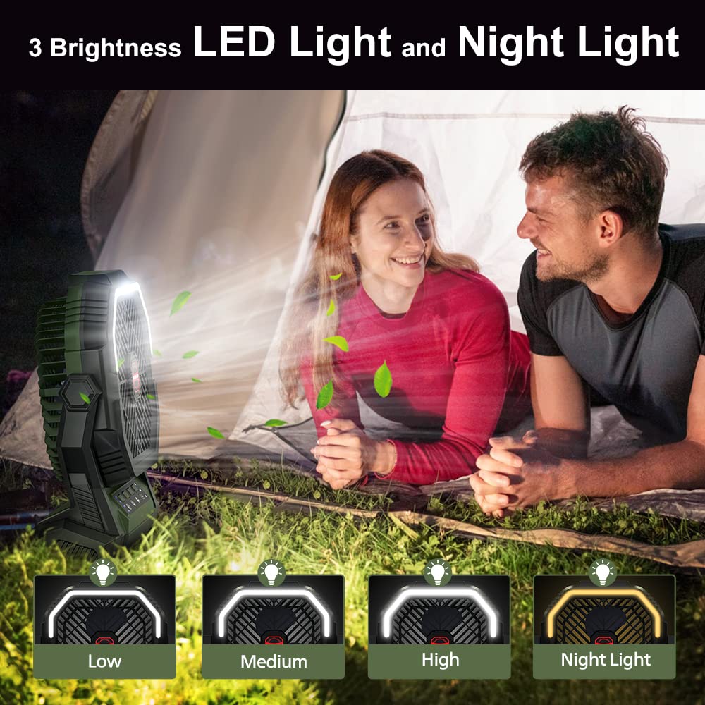 Portable Camping Fan,12000mAh 5 IN 1 Rechargeable Personal USB Small Desk Battery Powered fan with LED Lights/Power Bank/Timer/Hook Camping Essentials Accessories for Travel Tent Outdoor Fishing