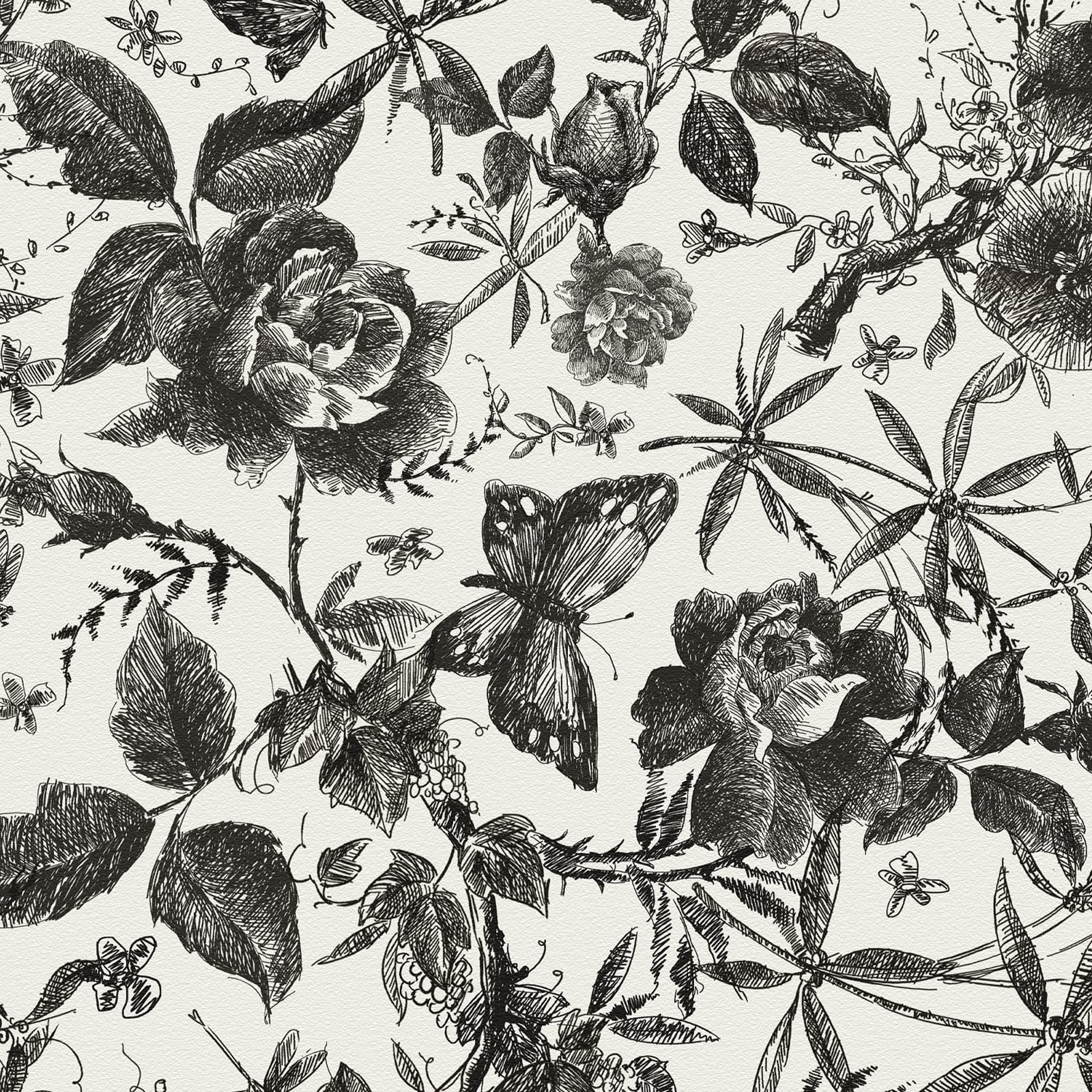 JiffDiff Floral Wallpaper Peel and Stick, Vintage Wallpaper Wall Stick Black Rose Removable Vinyl Wallpaper Sketch Floral Wall Mural Wall Decor (15.7''x 118'')