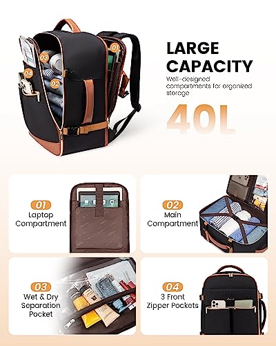 LOVEVOOK Carry On Backpack, 40L Travel Backpack Women with 3 Packing Cubes, TSA Airline Approved Suitcase Bag as Personal Item, Waterproof 17 inch Laptop Backpack for Weekender Overnight, Black Brown