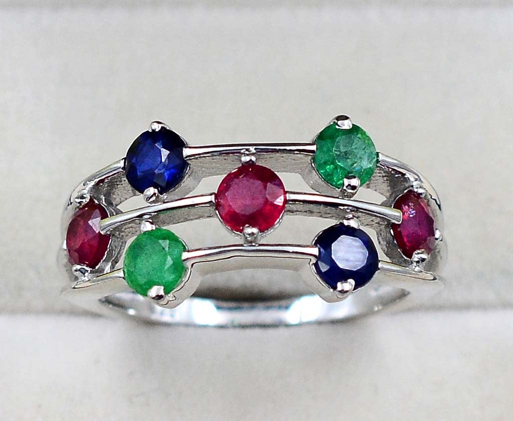 Natural Ruby Emerald Sapphire Mix Gemstone 4 MM Round Cut 925 Sterling Silver Cluster Unisex Proposal Ring For Christmas Gift (Rhodium Plated Silver, 11)