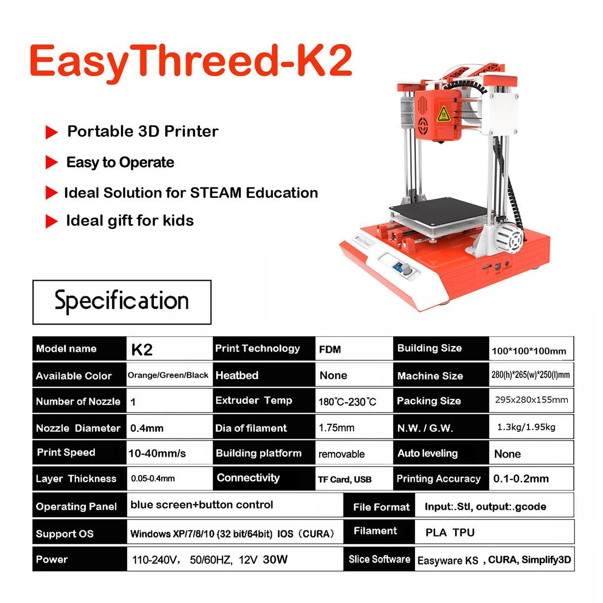 Jadeshay K2 Mini 3D Printer, with Free Test PLA Filament Magnetic Removable Plate USB Cable TF Card for Beginners, Kids, Teens