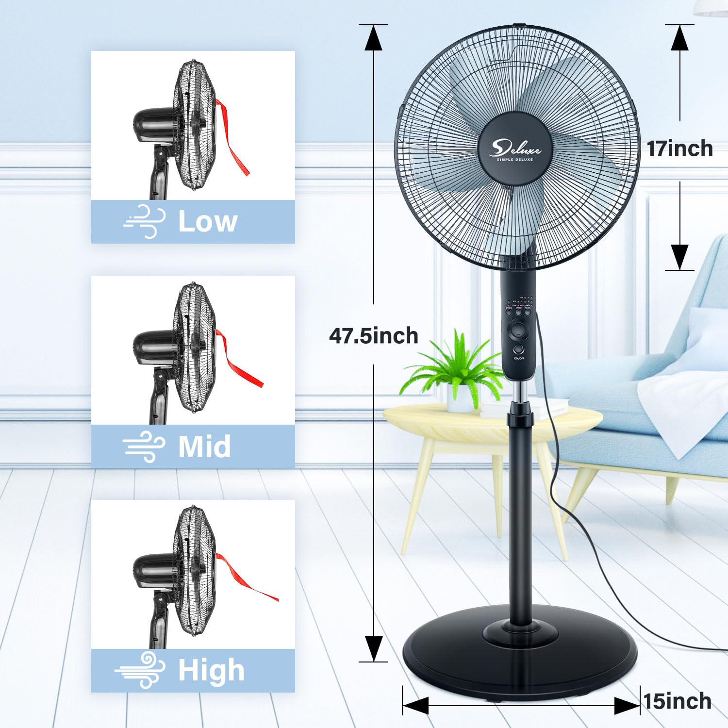 InfiniPower Oscillating 16″ Adjustable 3 Speed Pedestal Stand Fan with Remote Control for Indoor, Bedroom, Living Room, Home Office & College Dorm Use