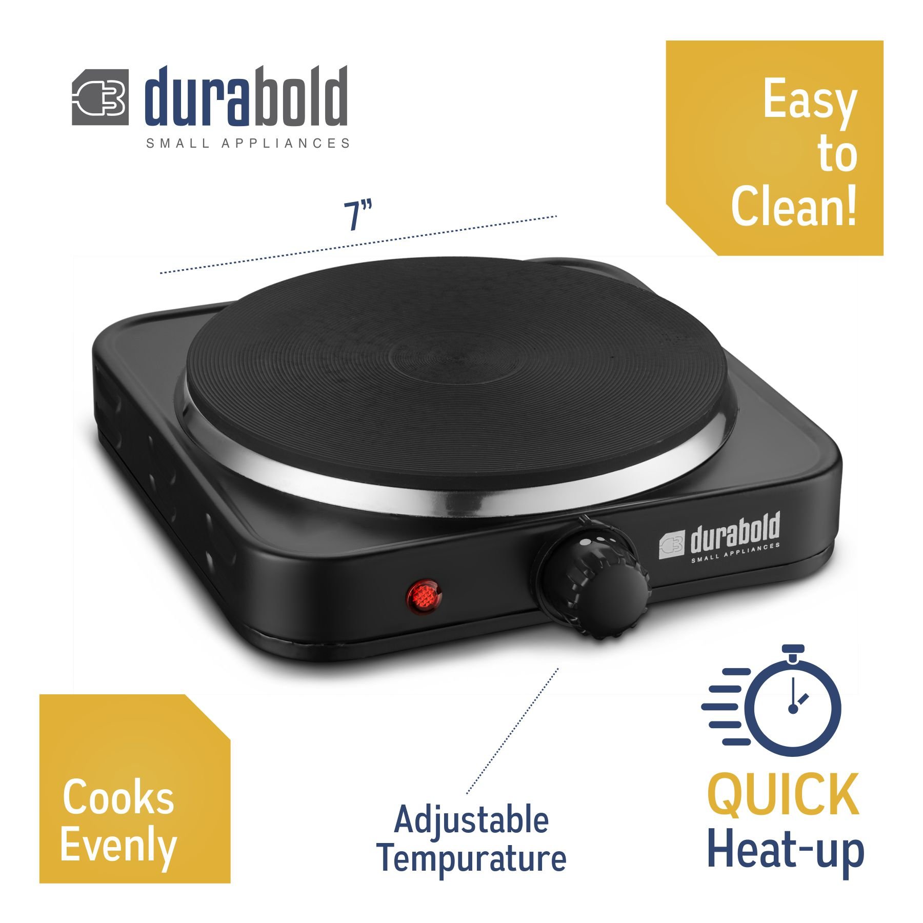 Kitchen Countertop Cast-Iron Single Burner - Stainless Steel Body β Sealed Burner - Ideal for RV, Small Apartments, Camping, Cookery Demonstrations, or as an Extra Burner β by Durabold